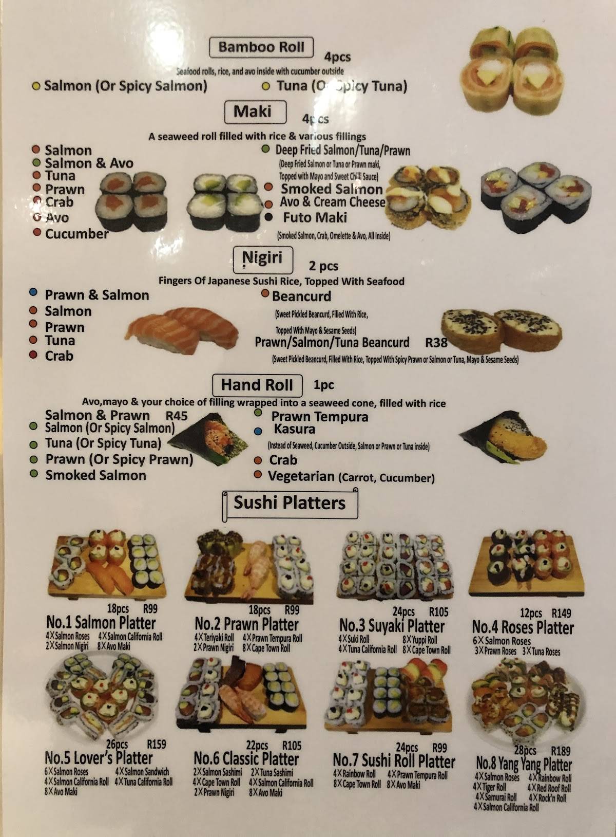 Menu at Yang Yang Chinese Restaurant & Sushi Bar, Cape Town