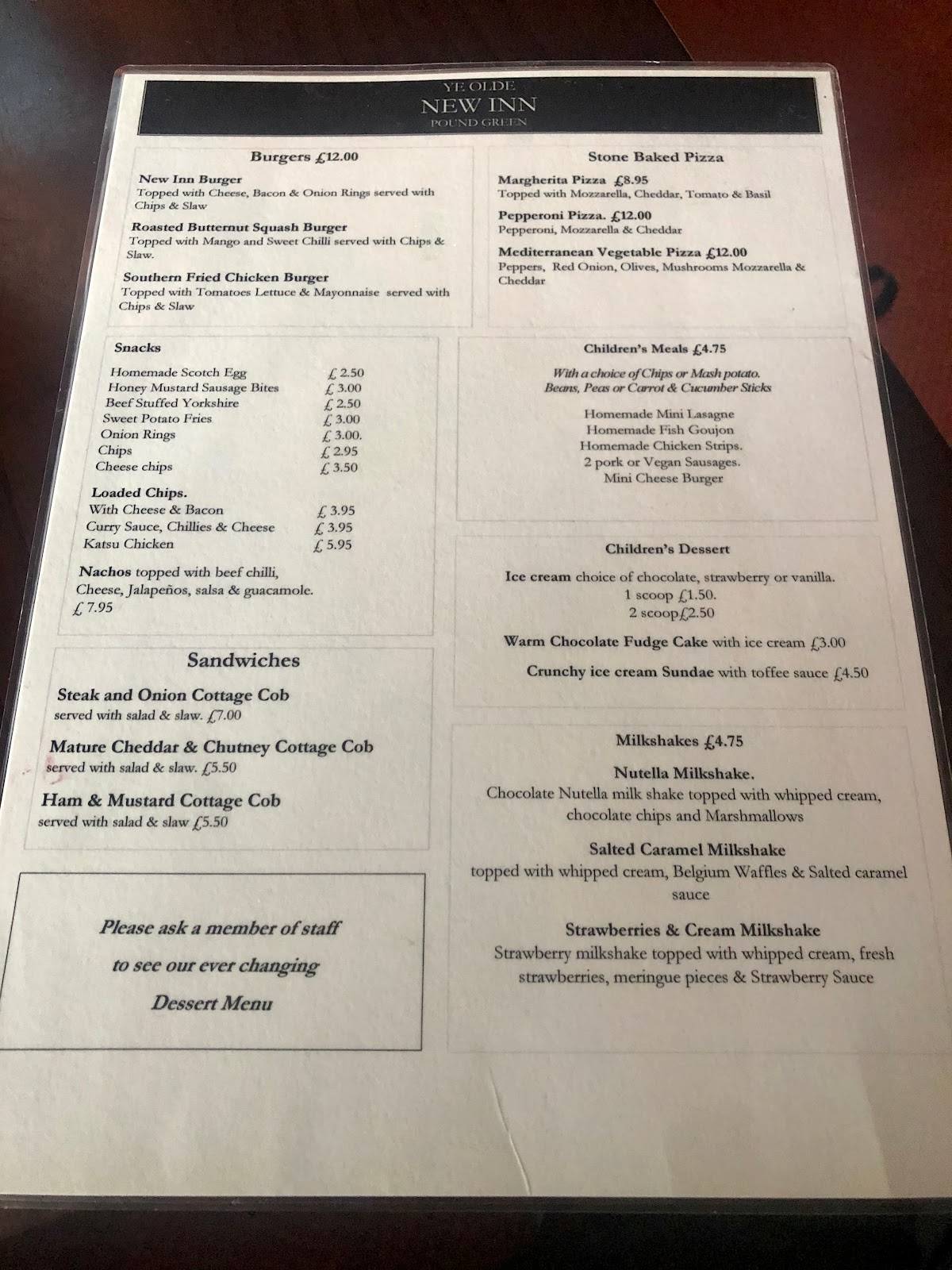 Menu at Ye Olde New Inn pub & bar, Bewdley, Pound Green