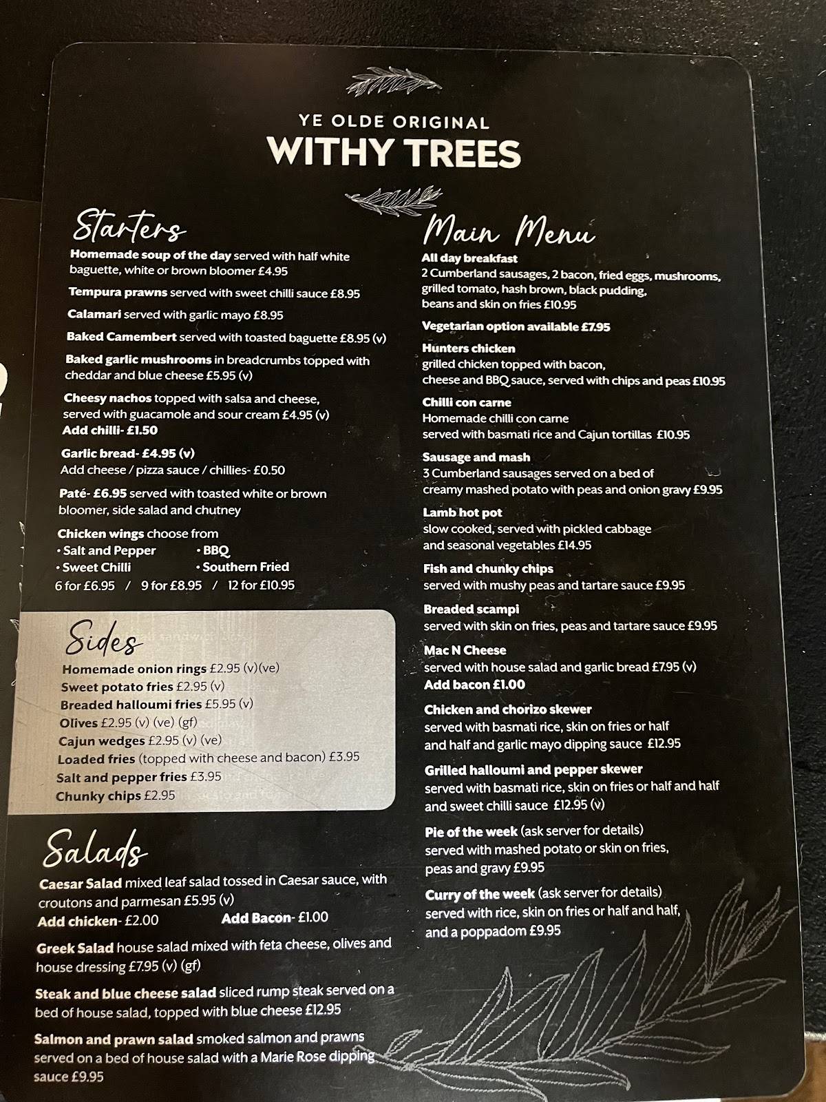 Menu at Ye Olde Original Withy Trees pub & bar, Preston