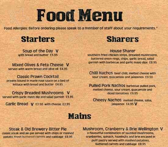 Menu at Ye Olde Swiss Cottage pub & bar, London