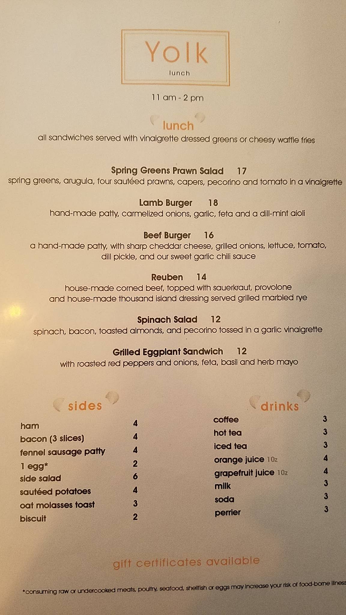 Menu at Yolk restaurant, Manzanita