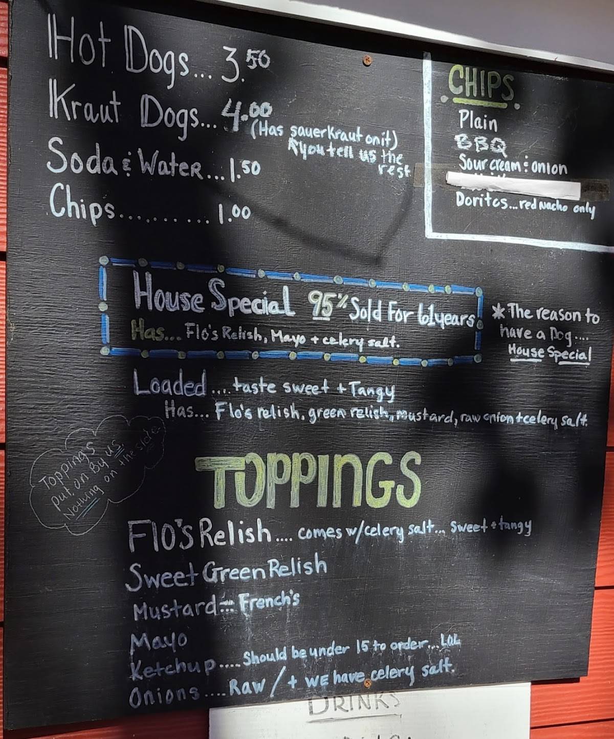 Menu at Flo's Hot Dogs restaurant, York