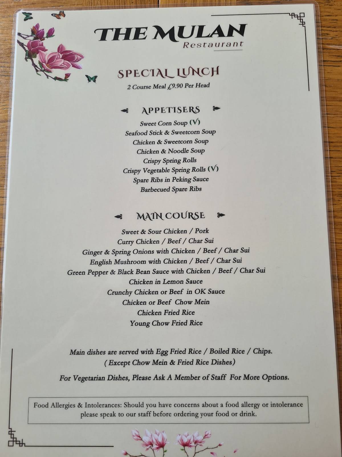 Menu at The Mulan restaurant, York
