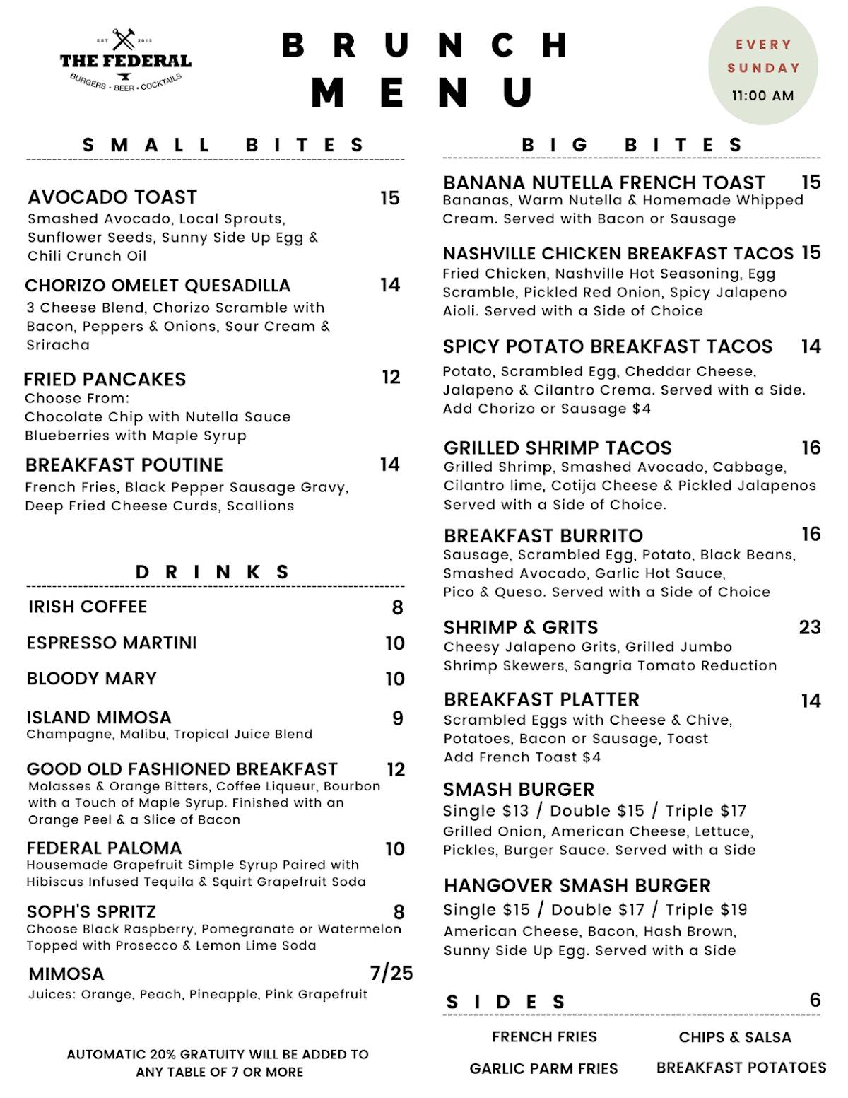 Menu at The Federal restaurant, Youngstown