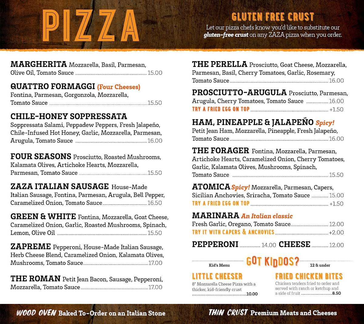 Menu at ZAZA Little Rock pizzeria, Little Rock