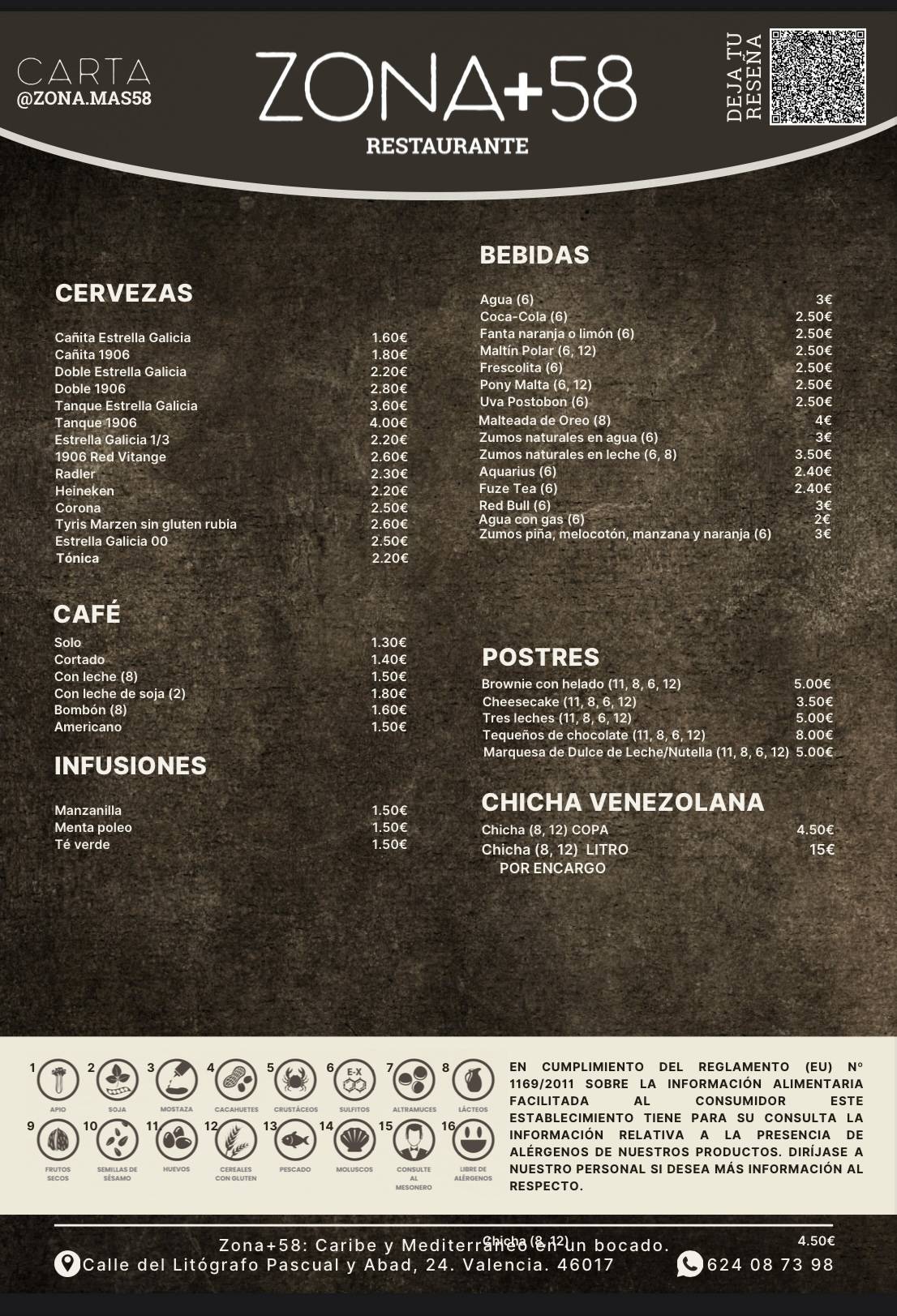 Carta del restaurante ZONA +58. Comida Venezolana, Valencia