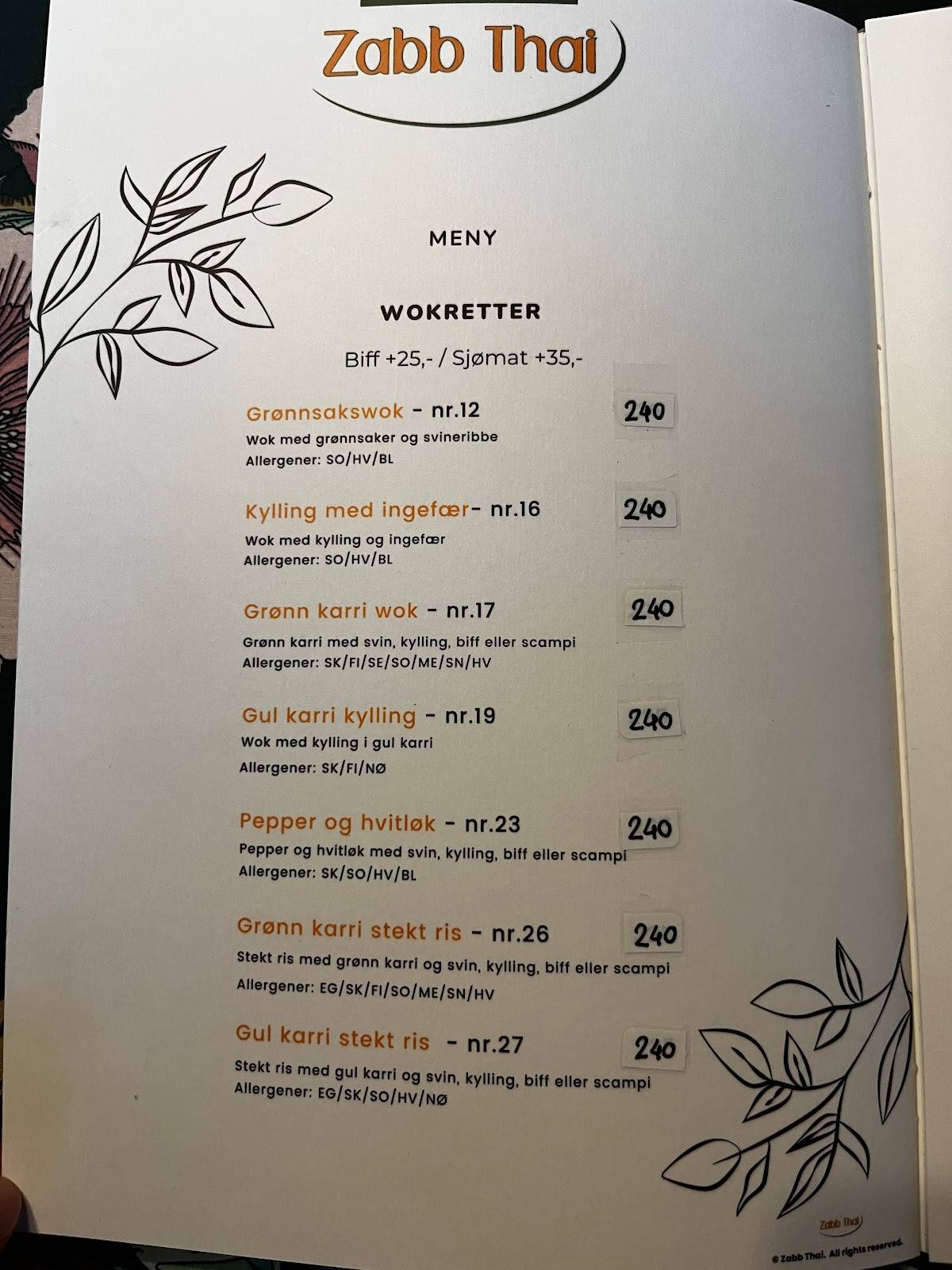 Menu at Zabb Thai Lillestrøm restaurant, Lillestrøm