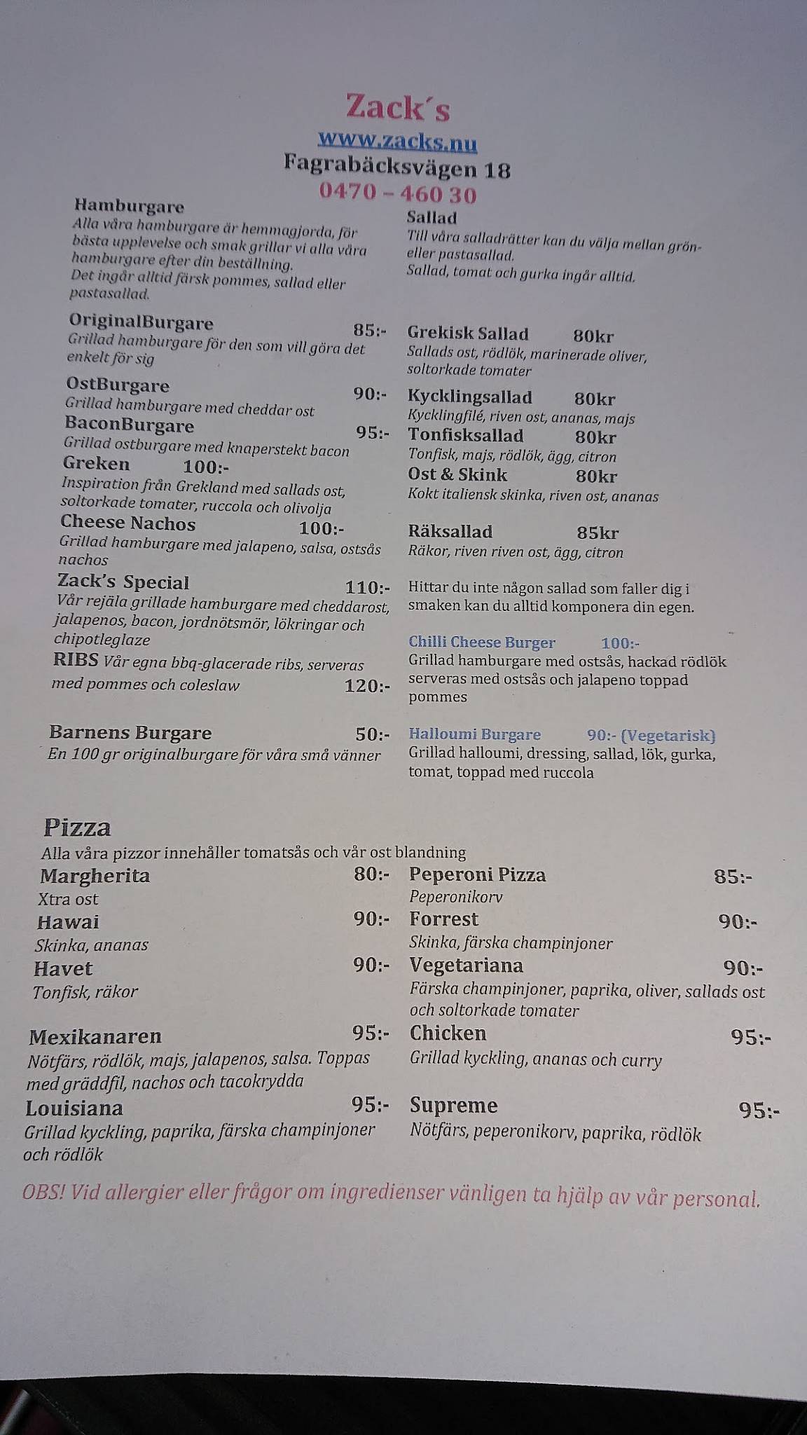 Menu at Zack's Burgers & Pizza restaurant, Växjö