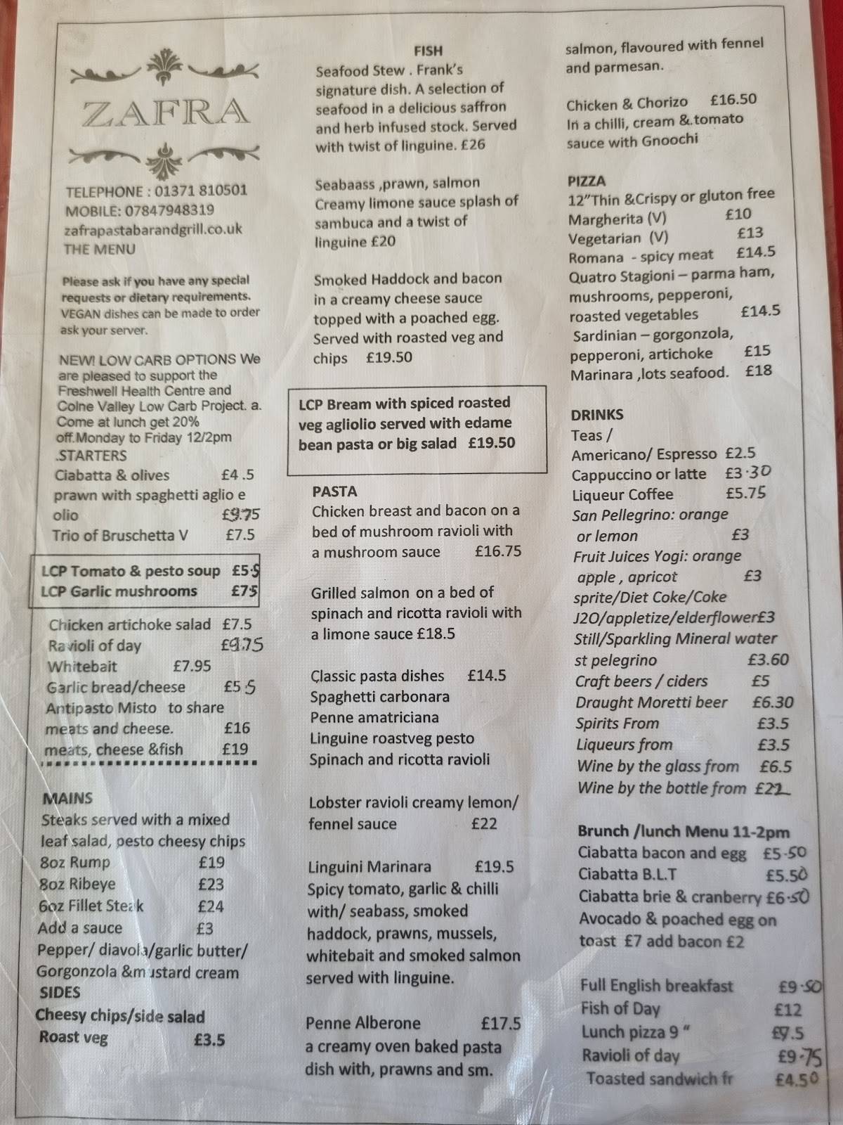 Menu at Zafra Pasta Bar And Grill, Great Bardfield