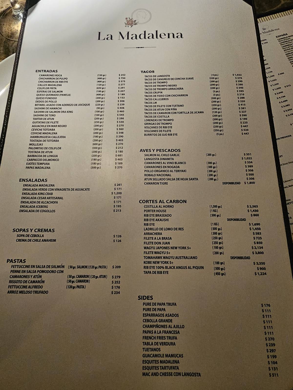 Carta del restaurante La Madalena Guadalajara, Zapopan