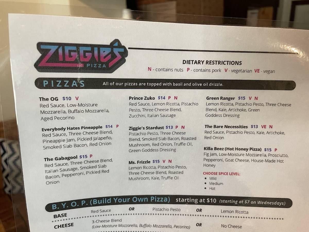Menu at Ziggie's Pizza pizzeria, Orlando