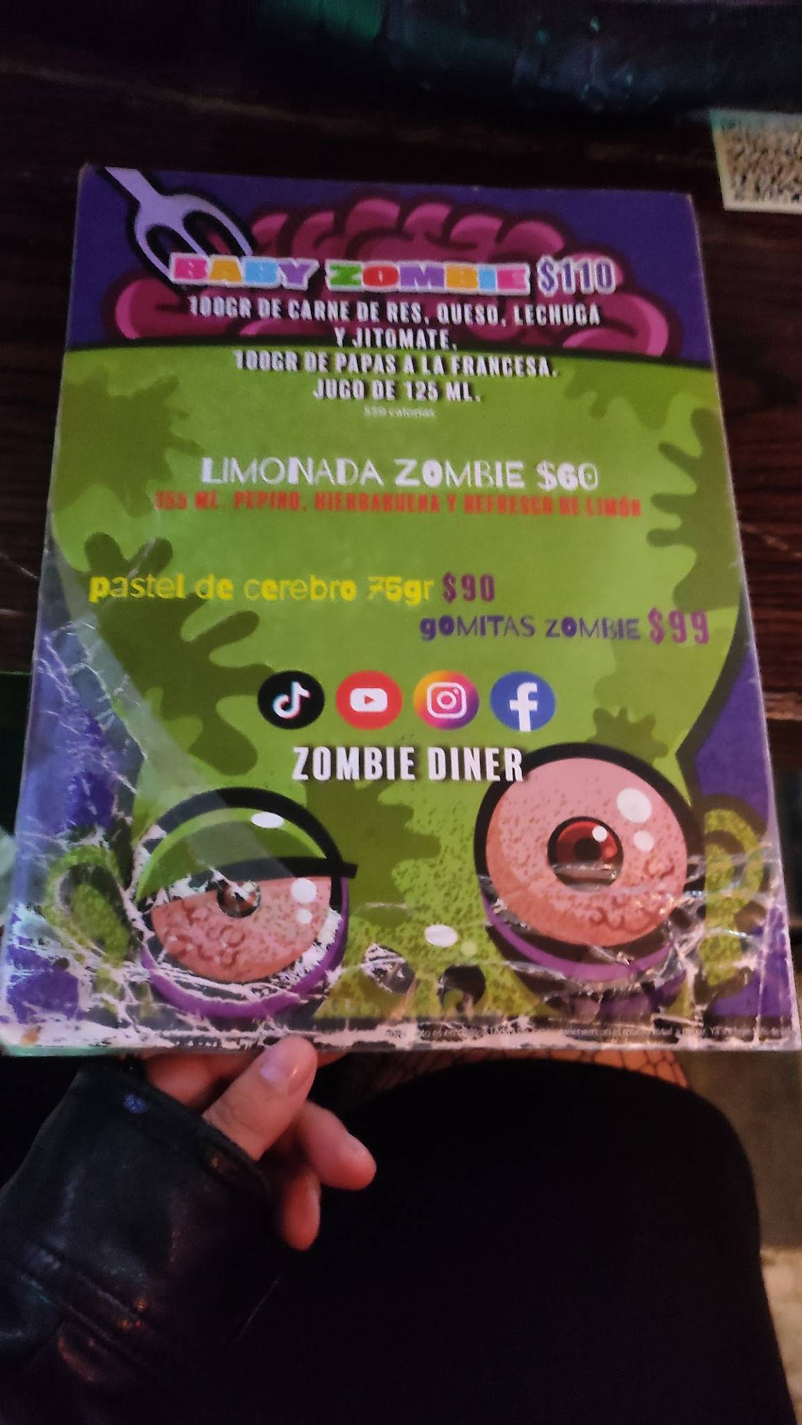 Carta del restaurante Zombie Diner, Ciudad del México