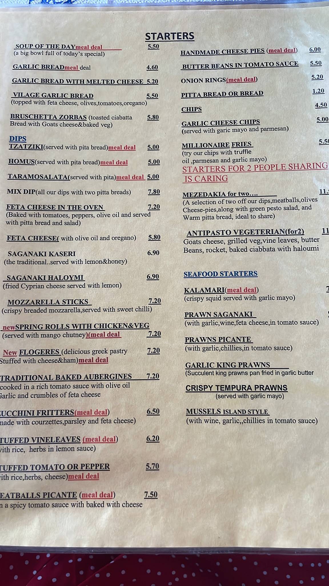 Menu at Ζοrbas, Argassi