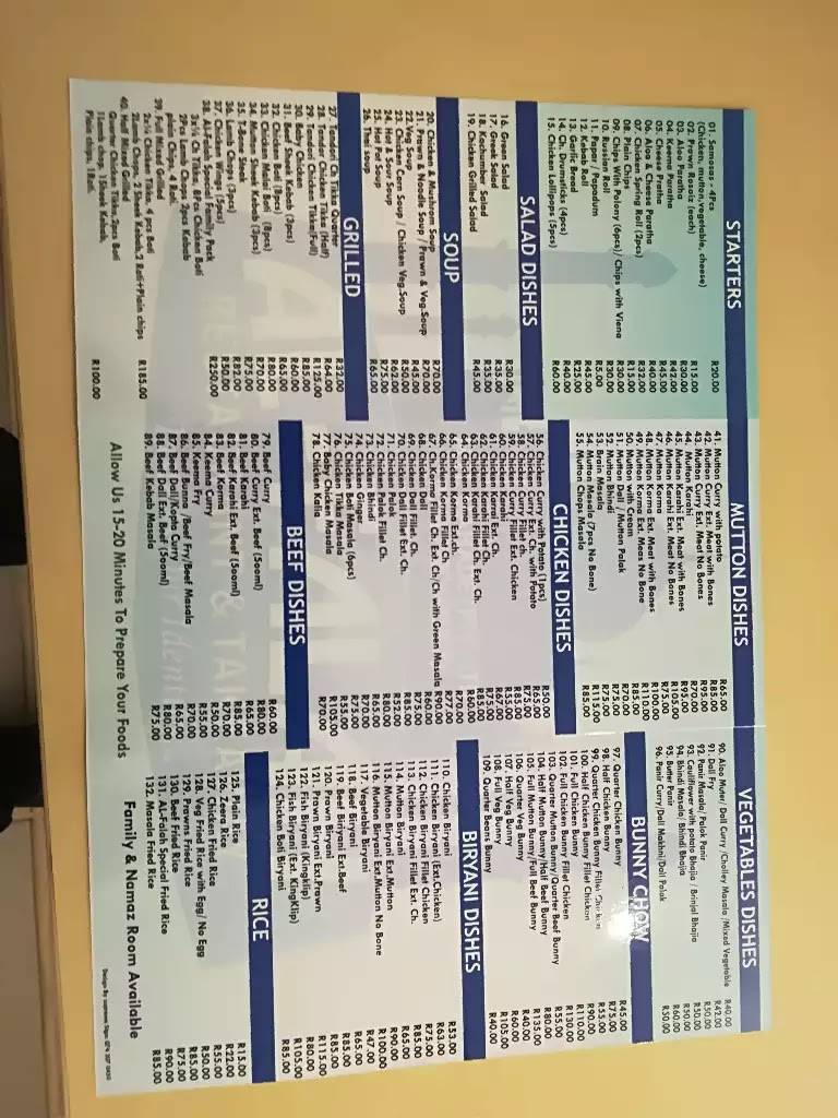Menu at al-falah restaurant & takeway, Johannesburg, 8 Main Rd