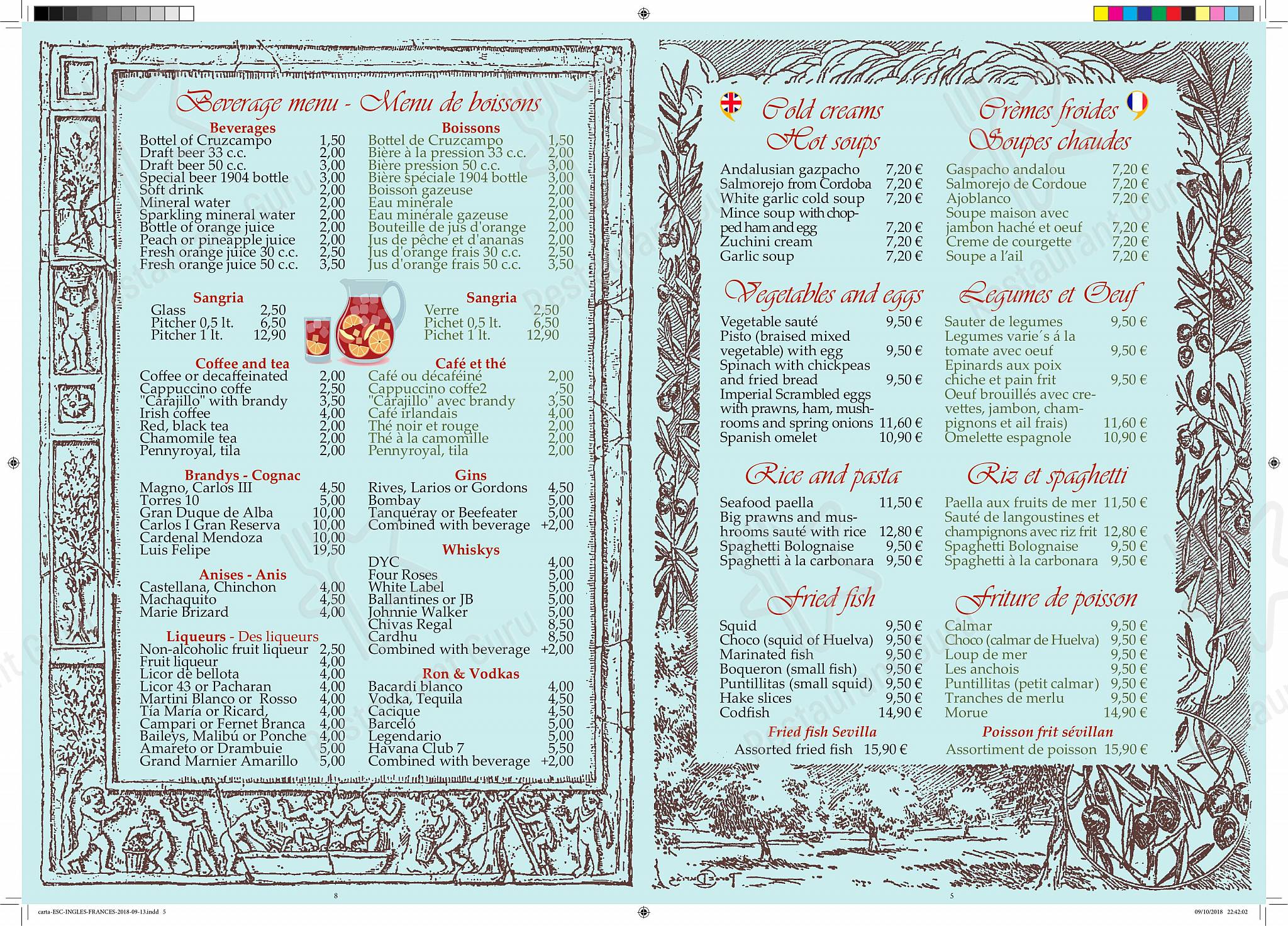 Menu at Antigua Taberna de Las Escobas de 1386 restaurant, Seville