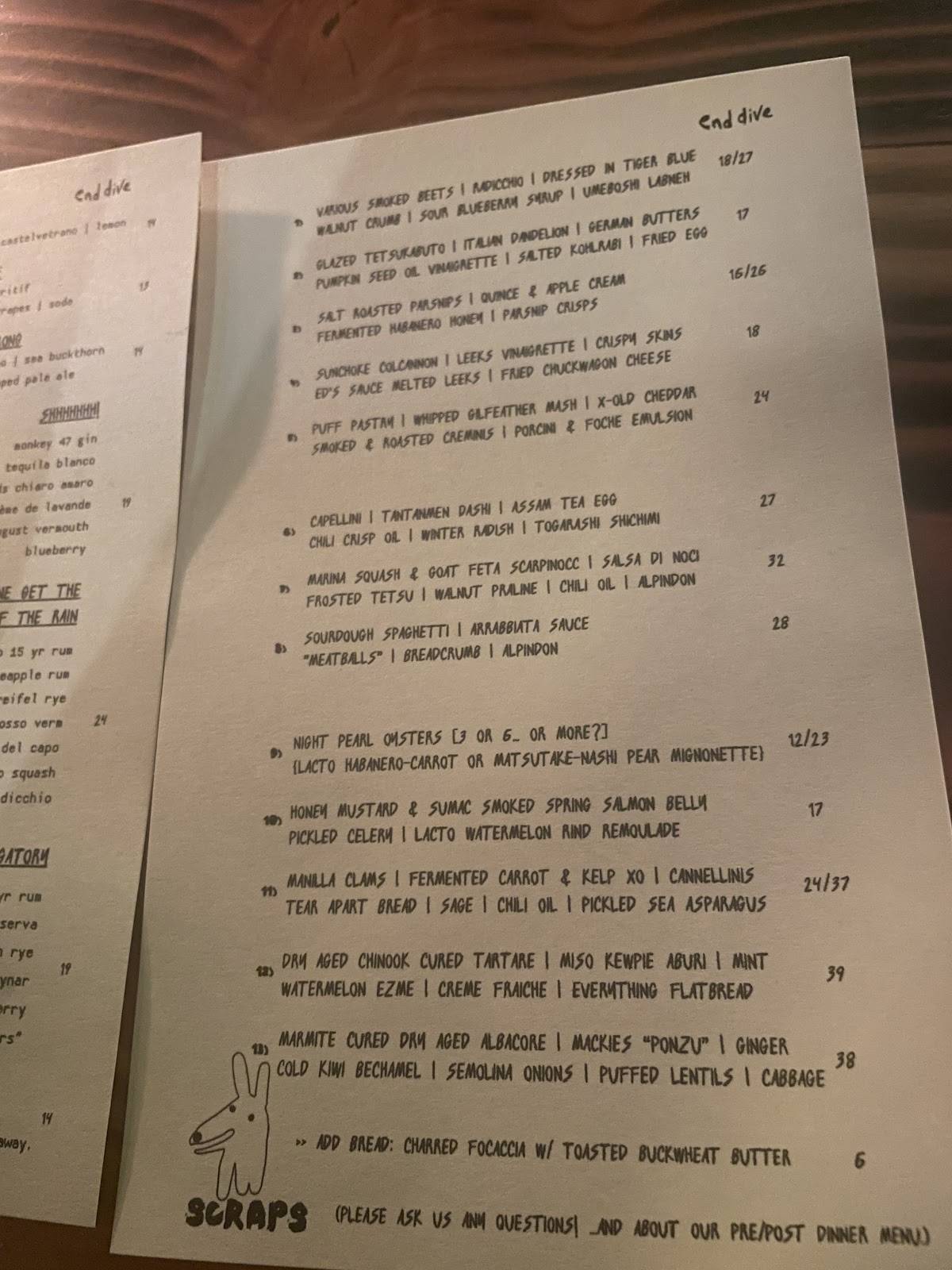Menu at end dive pub & bar, Victoria