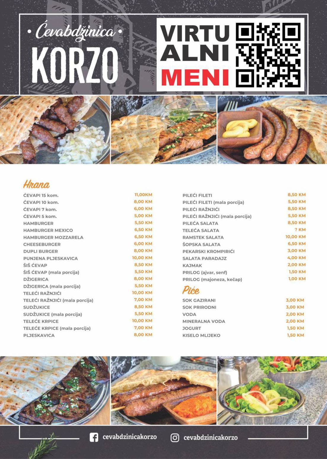 Menu at Ćevabdžinica KORZO restaurant, Mostar