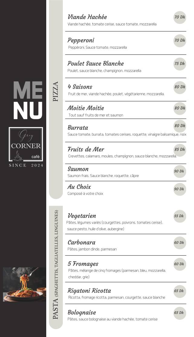 Menu au grey corner restaurant, Fes