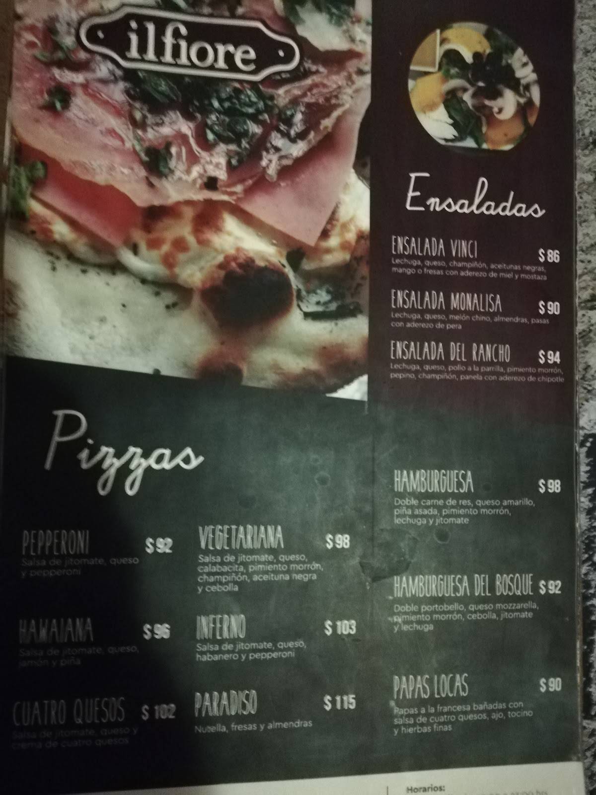 Carta de pizzería il Fiore, Guadalajara