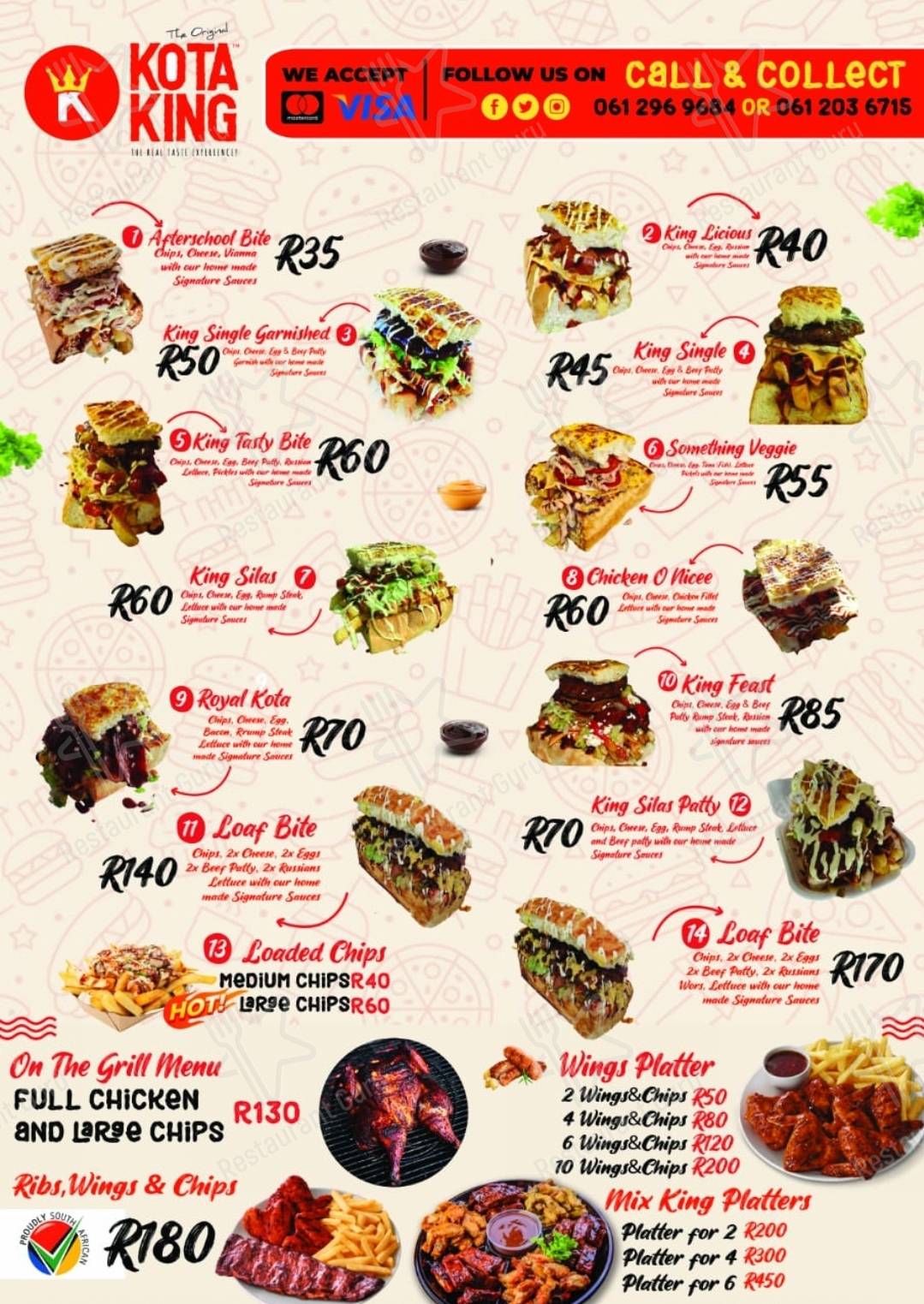 Menu at Kota king Roadhouse restaurant, Soweto, Protea Blvd