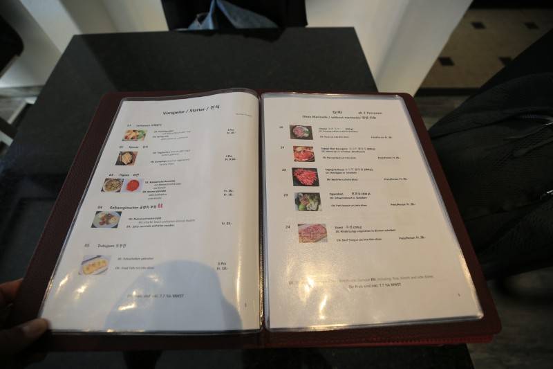 Menu au Minari Korean restaurant, Interlaken