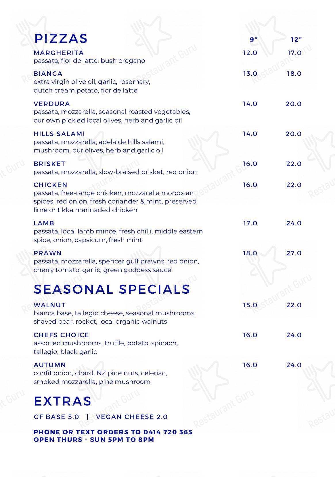 Menu at moongarden pizza bar, Willunga