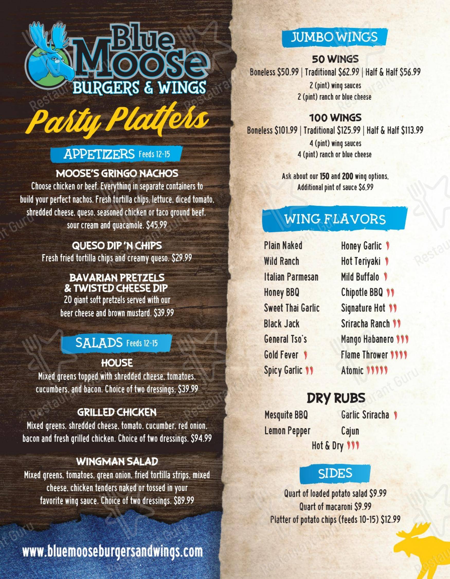 Menu at Blue Moose Burgers & Wings pub & bar, Pigeon Forge
