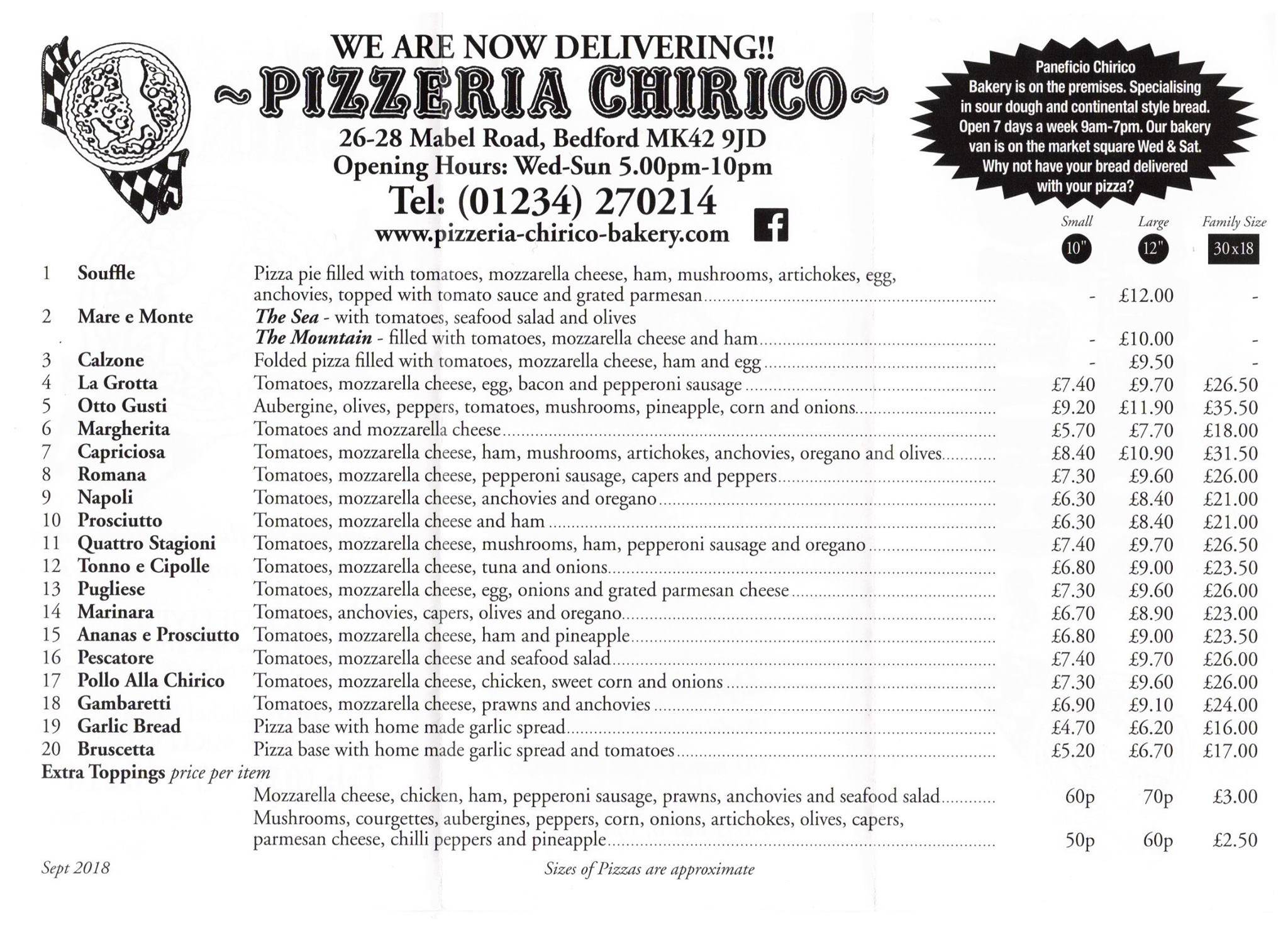 Menu at pizzeria chirico, Bedford
