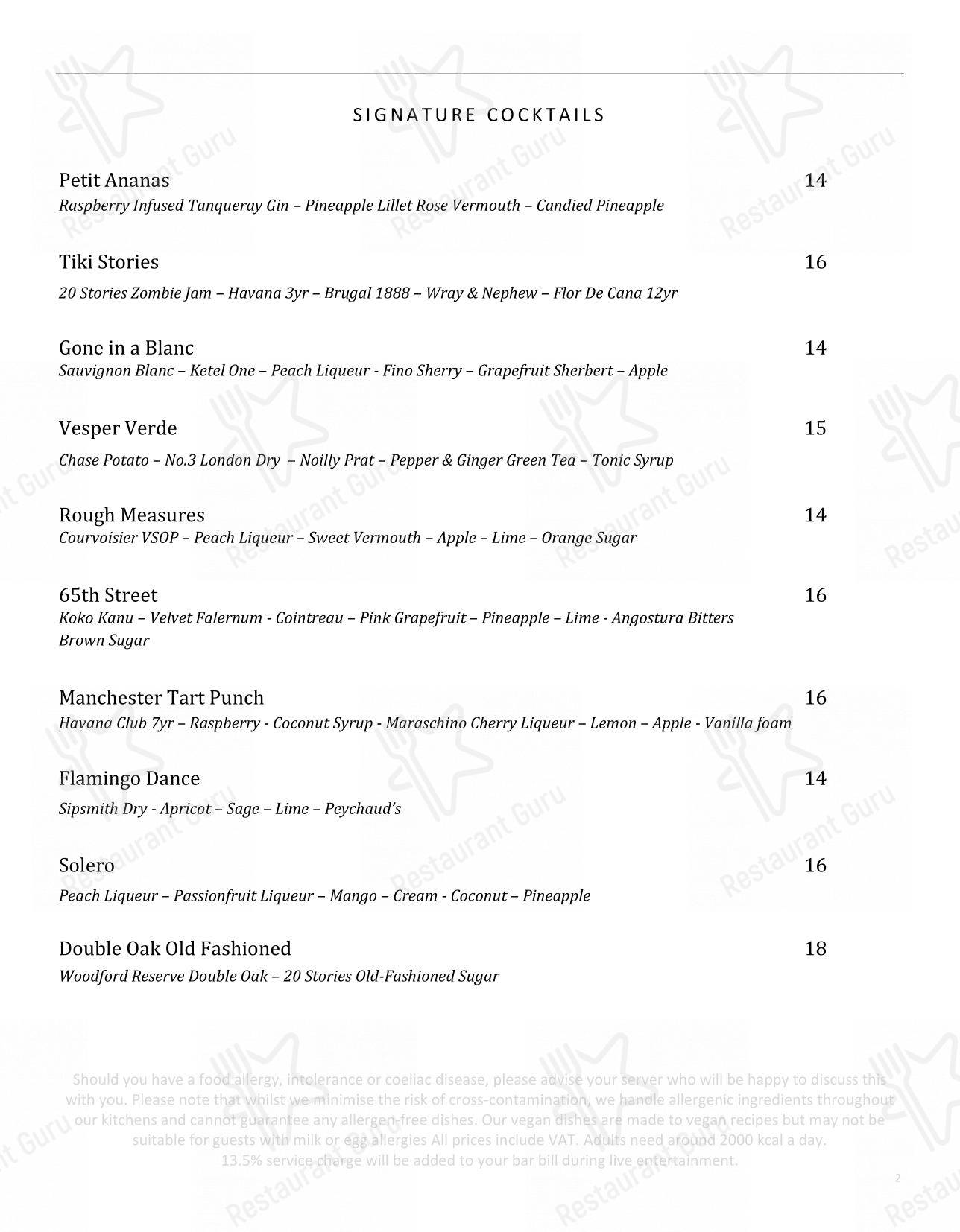 Menu at 20 Stories pub & bar, Manchester