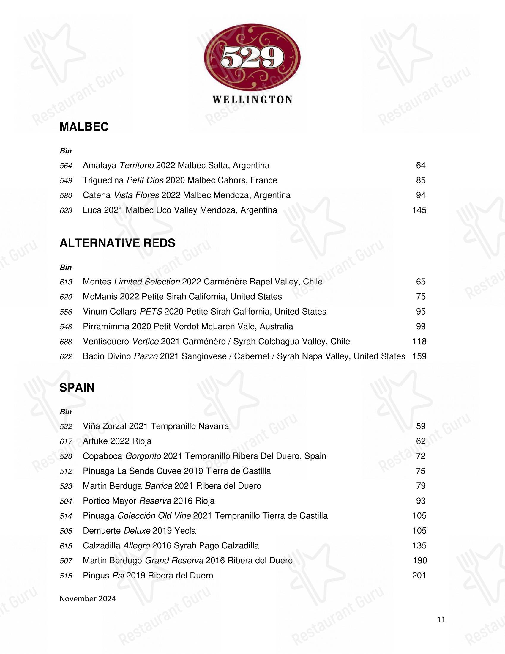 Menu at 529 Wellington Steakhouse, Winnipeg