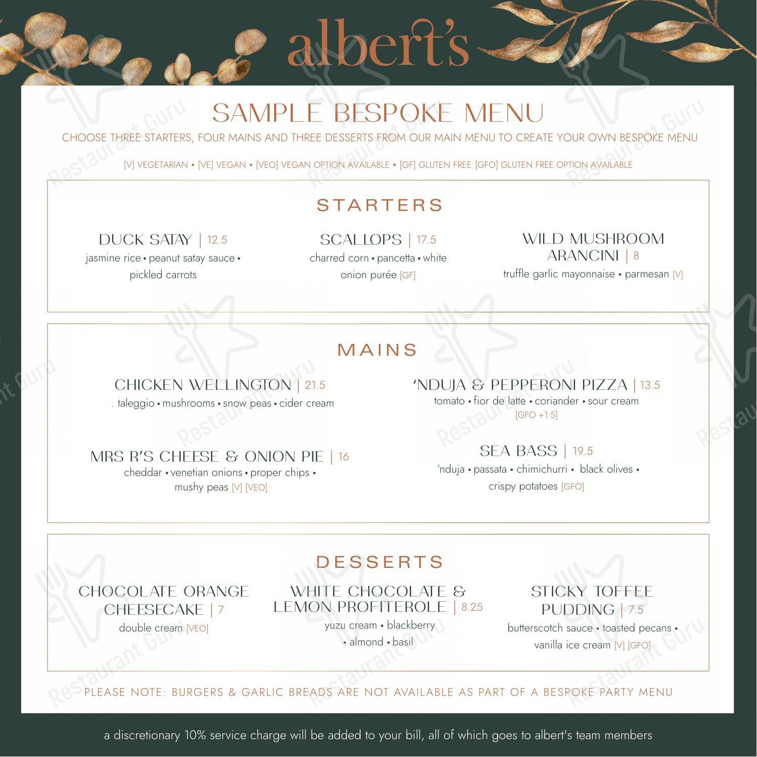 Menu at Albert’s Didsbury Restaurant & Bar, Manchester