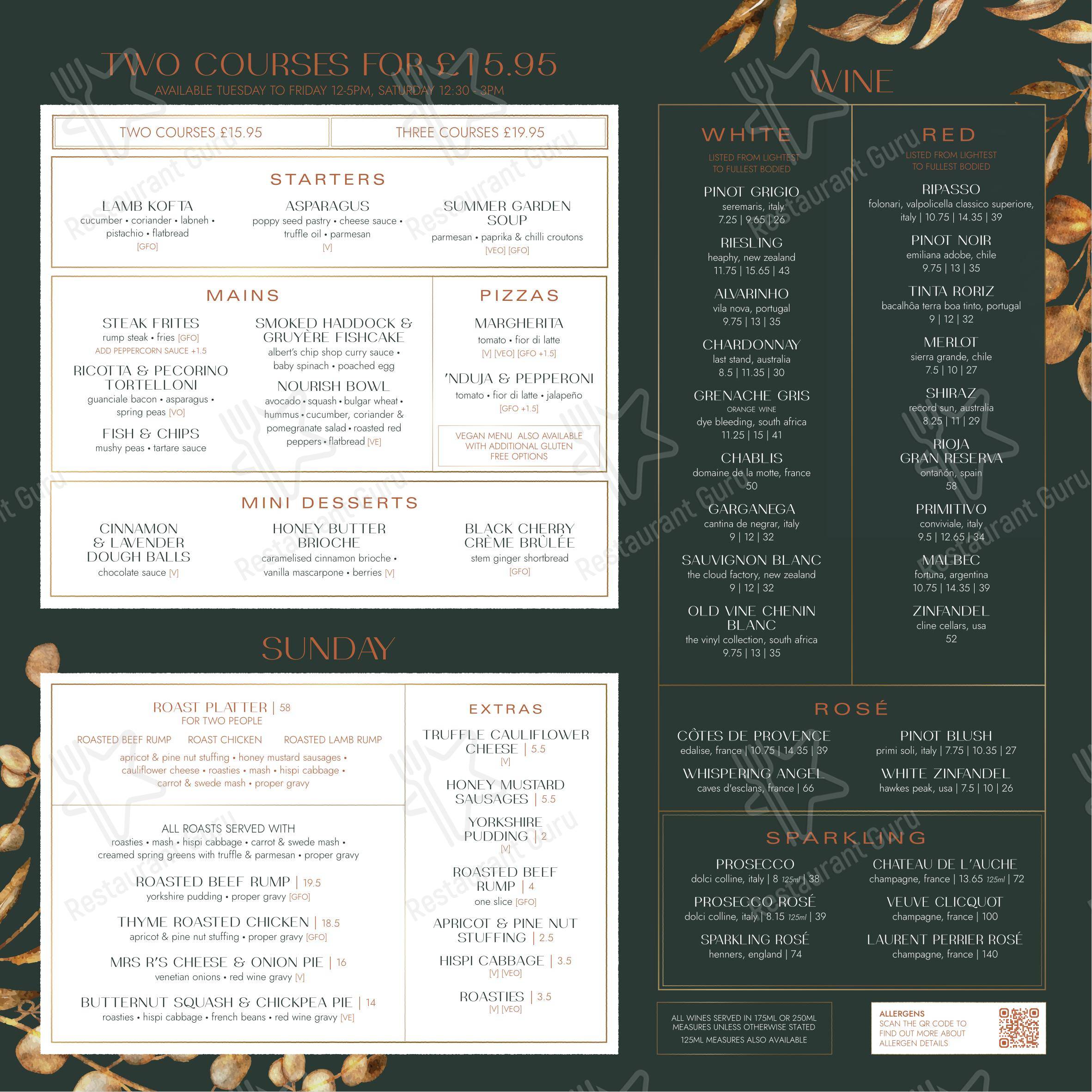 Menu at Albert’s Didsbury Restaurant & Bar, Manchester