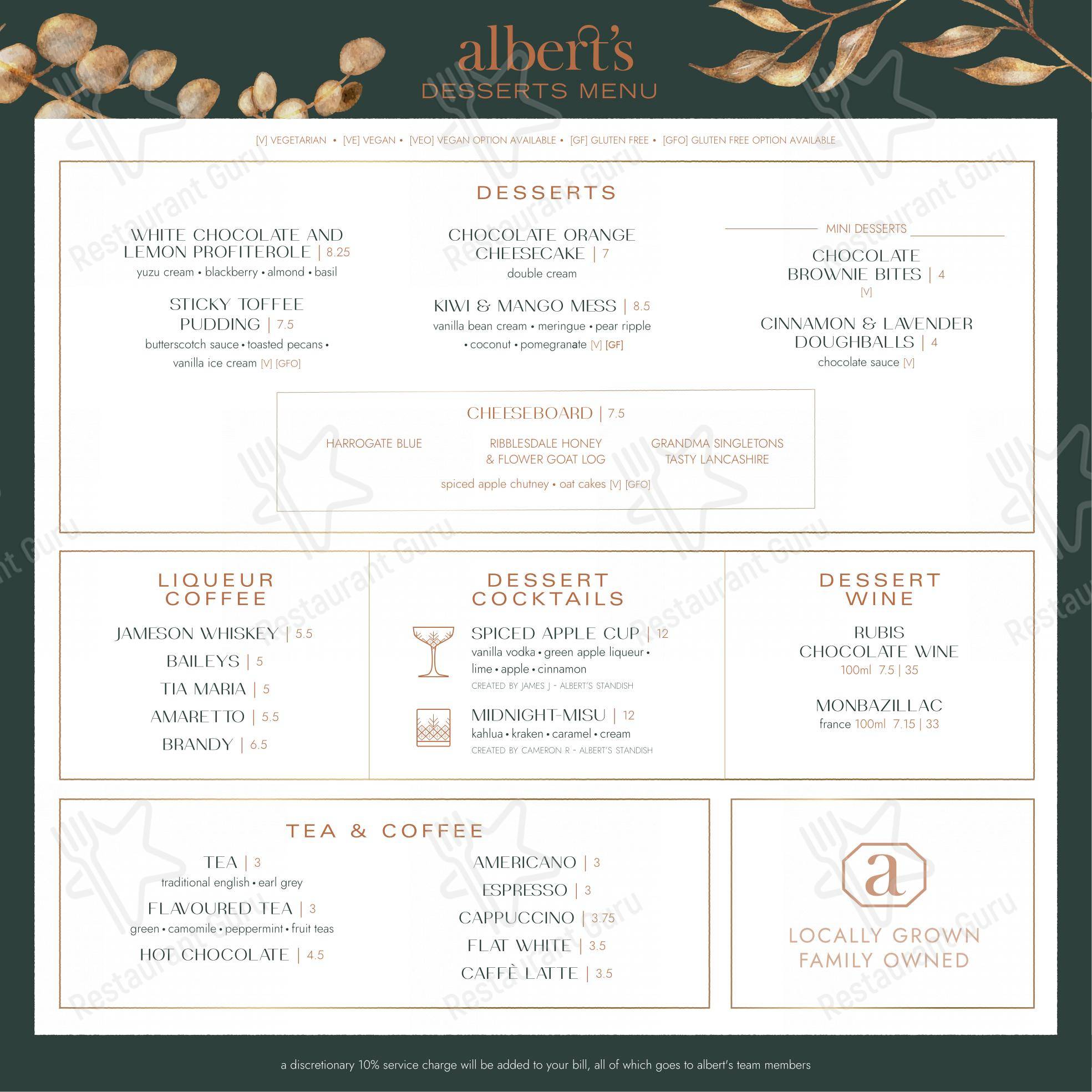Menu at Albert’s Didsbury Restaurant & Bar, Manchester