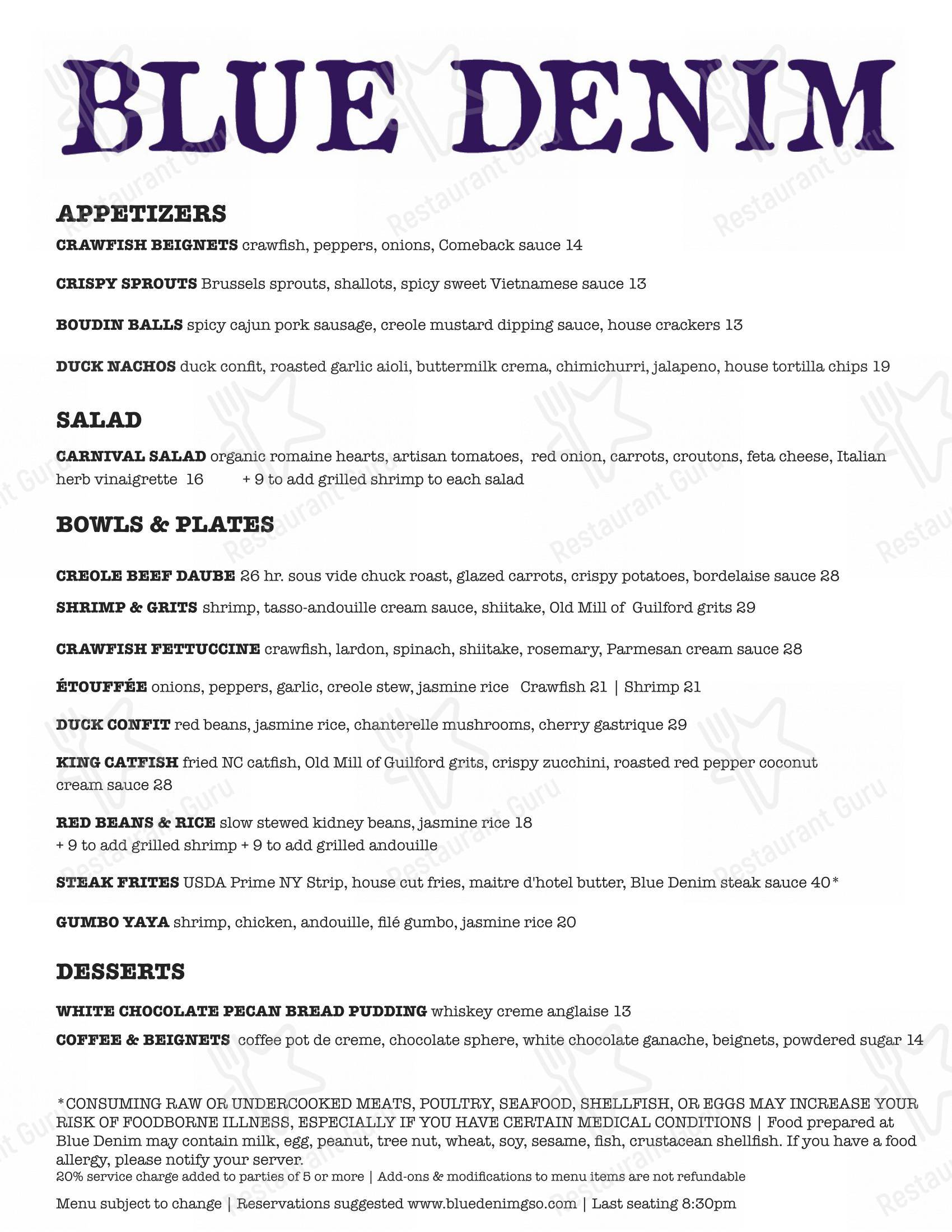 Menu at BLUE DENIM restaurant, Greensboro