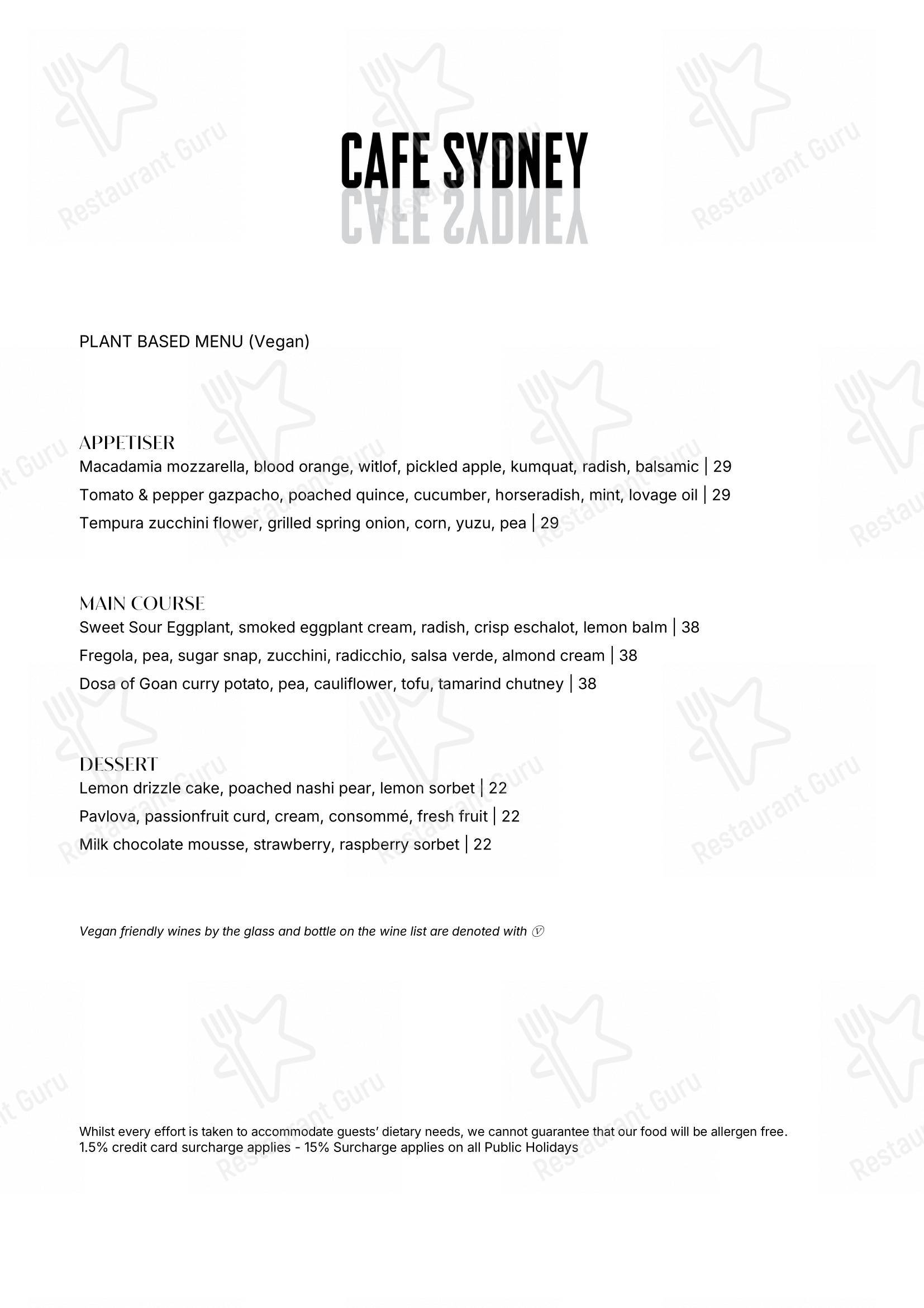 Menu at Cafe Sydney, Sydney, Level 5 Customs House