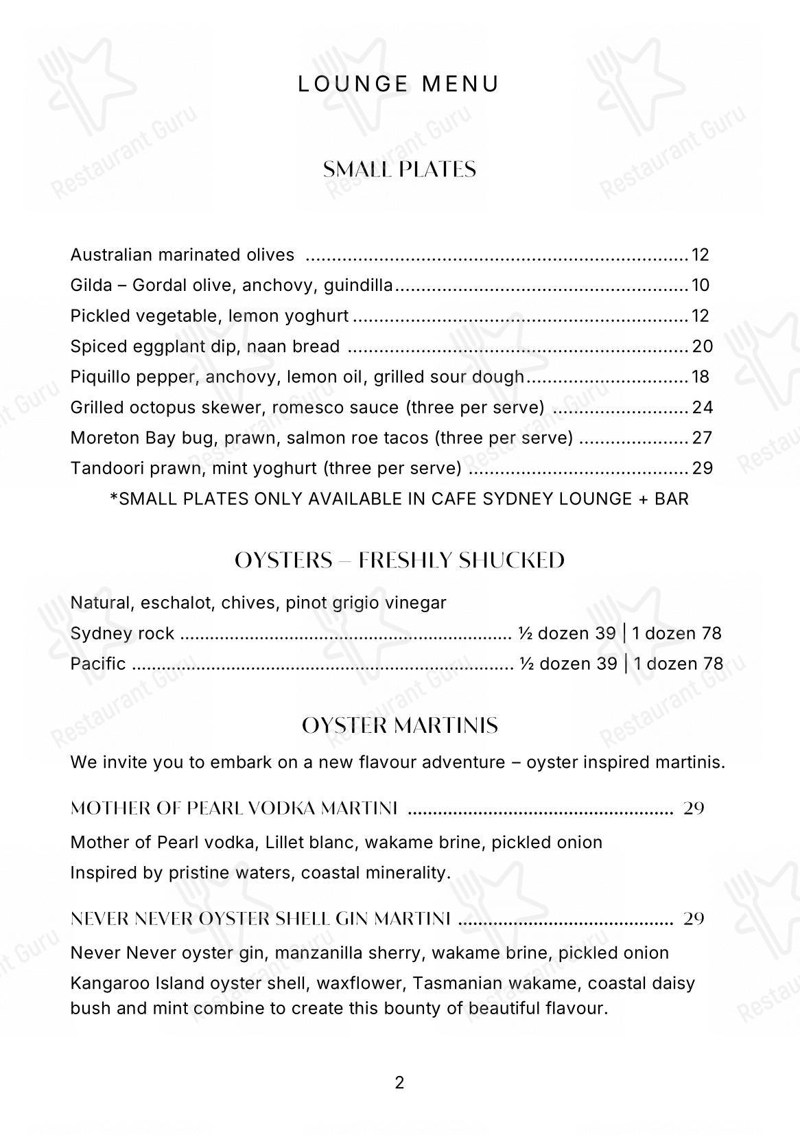 Menu at Cafe Sydney, Sydney, Level 5 Customs House