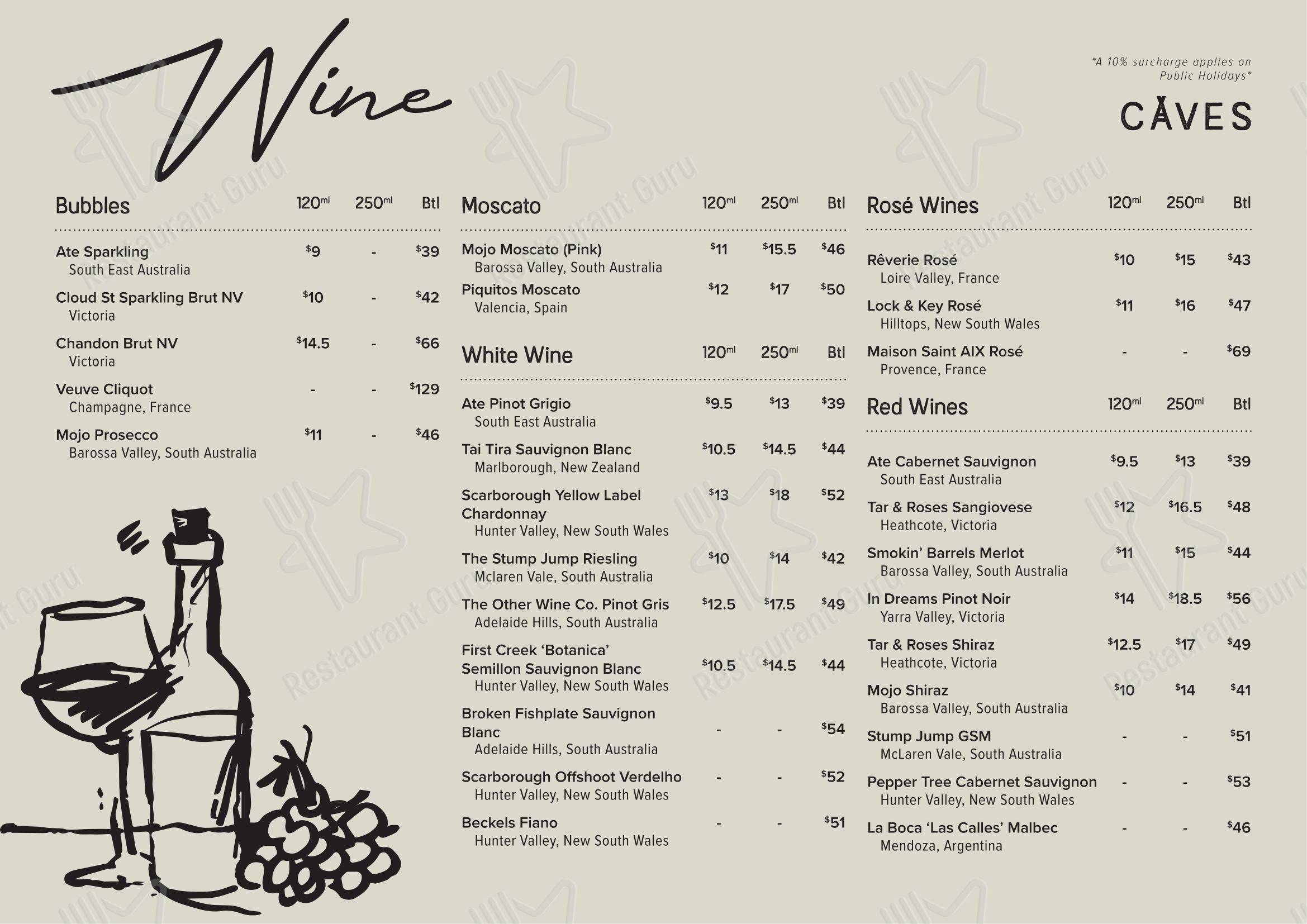 Menu at Caves Beachside pub & bar, Caves Beach