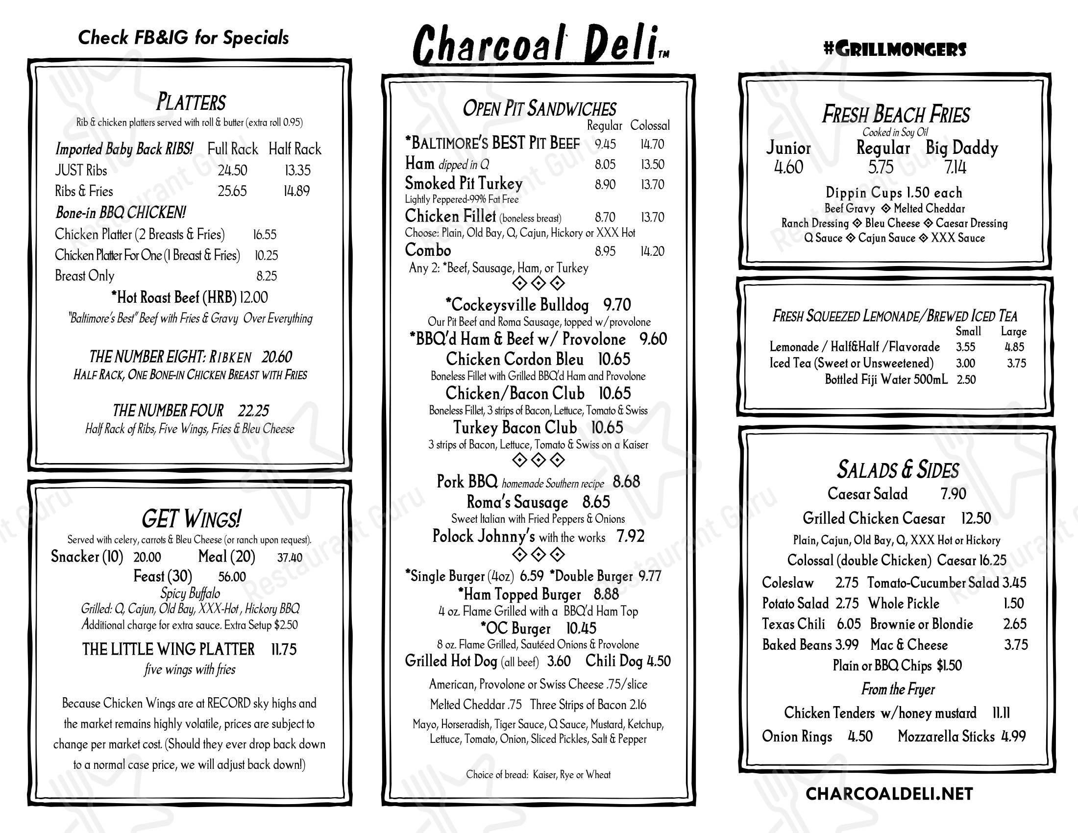 Carta de barbacoa Charcoal Deli, Cockeysville