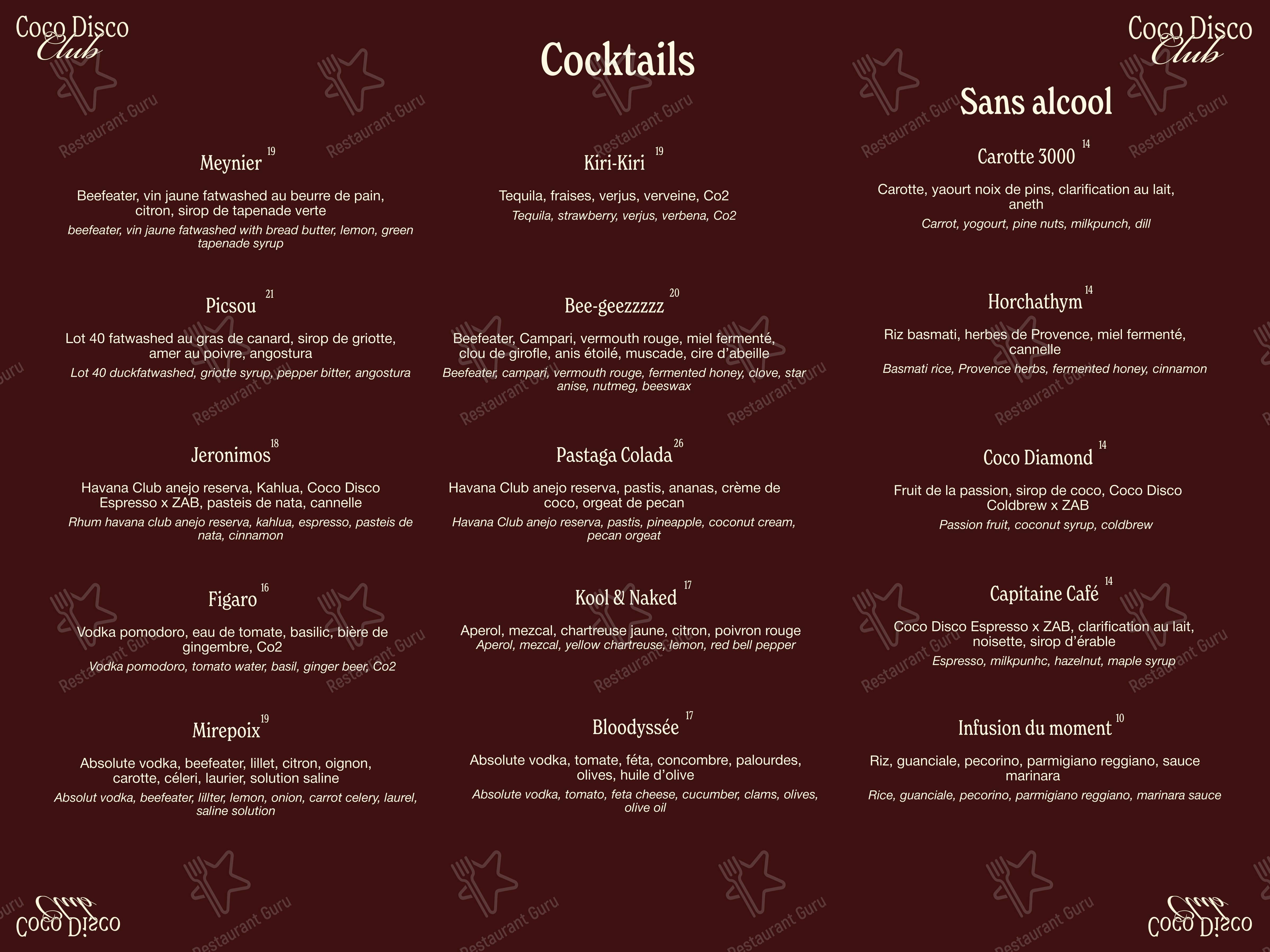 Menu au Coco Disco Club, Montréal