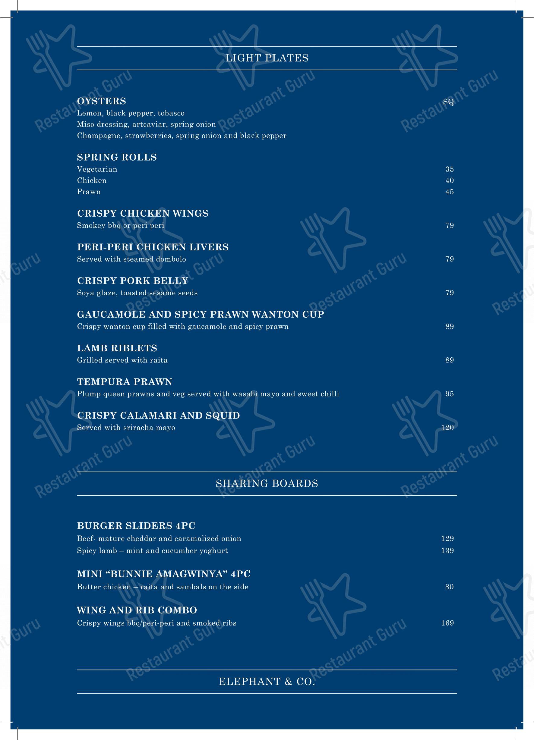 Menu at Elephant & Co Athlone restaurant, Pietermaritzburg, Athlone Circle