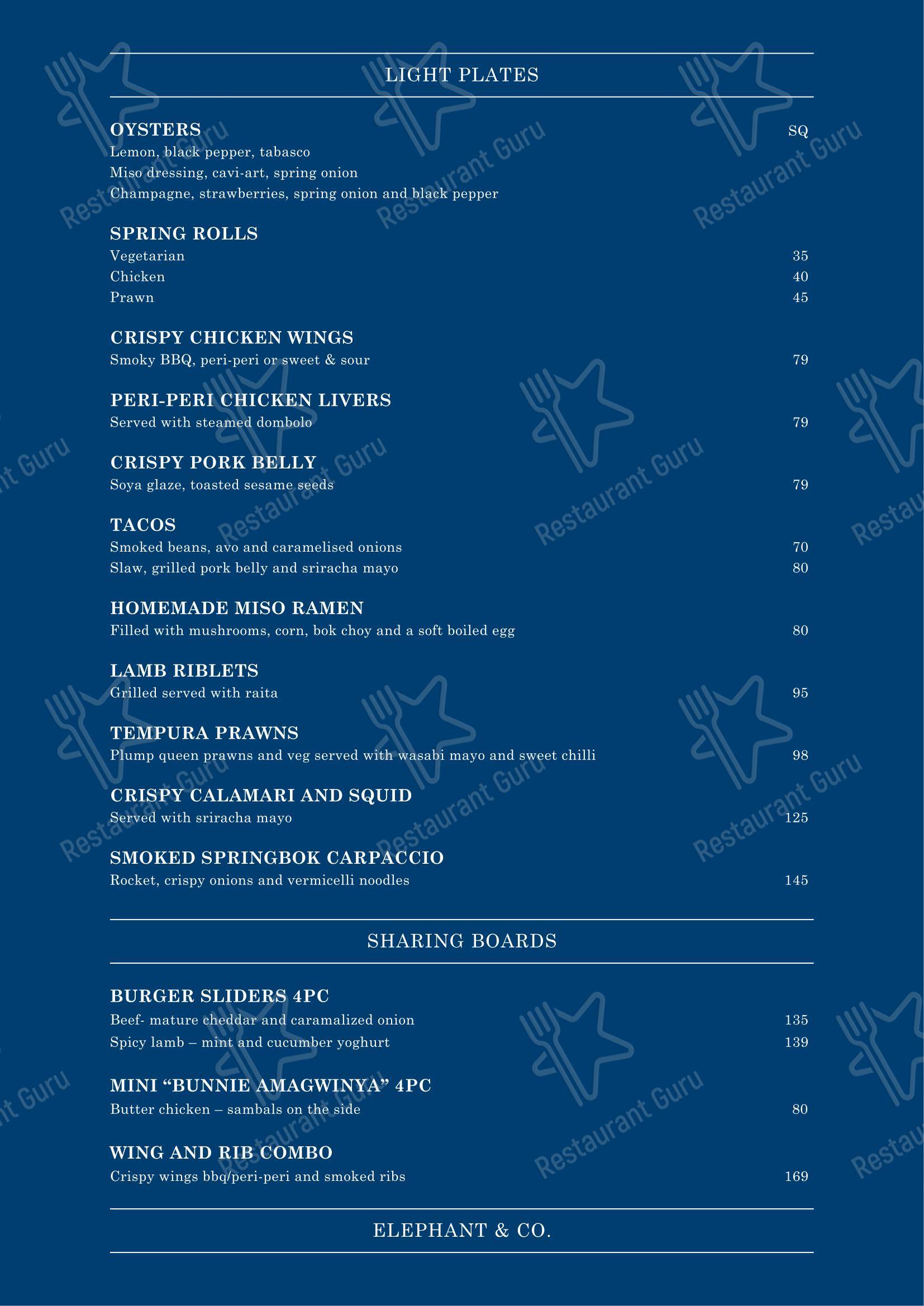 Menu at Elephant & Co Athlone restaurant, Pietermaritzburg, Athlone Circle