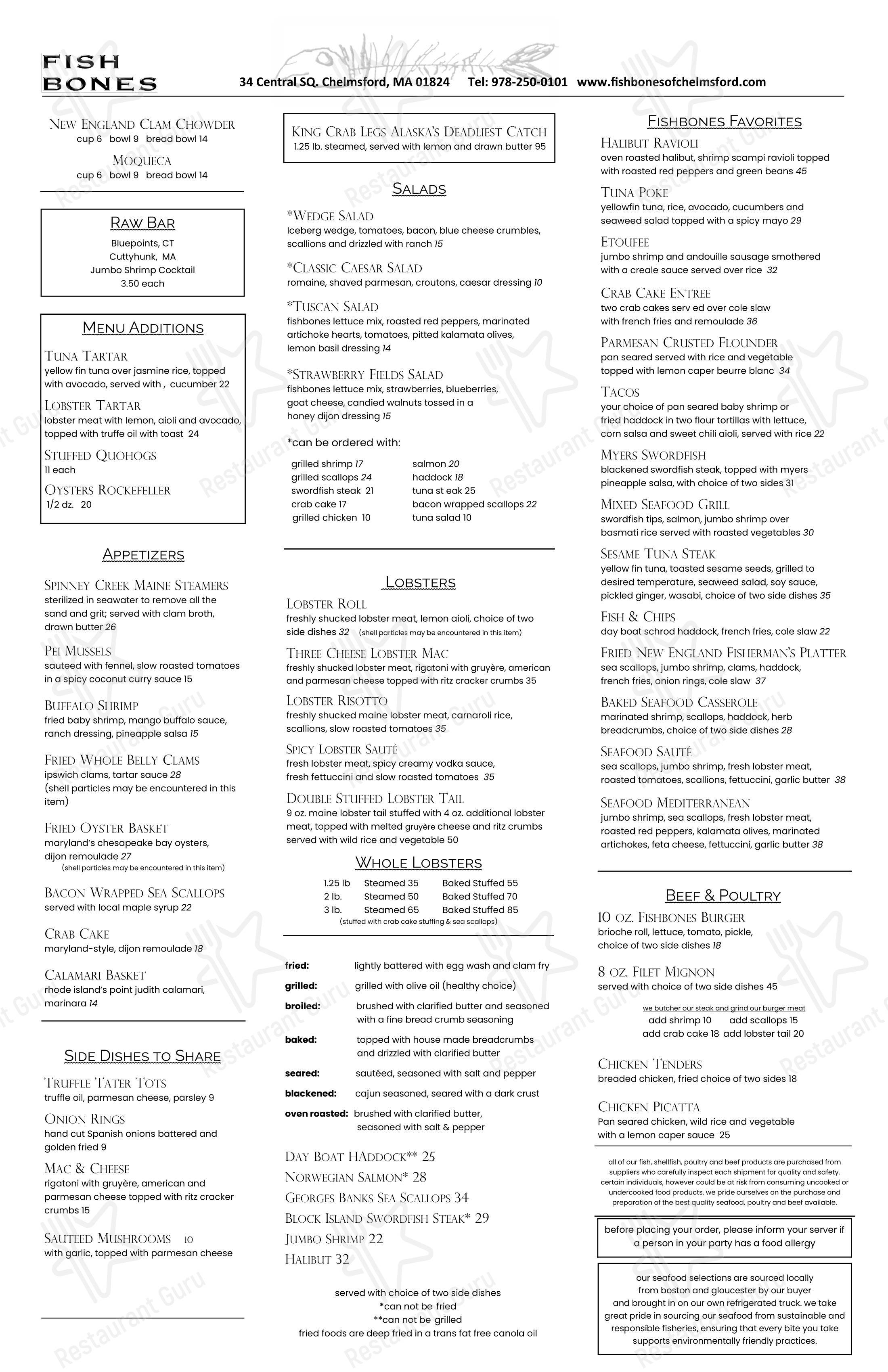 Menu at Fishbones restaurant, Chelmsford