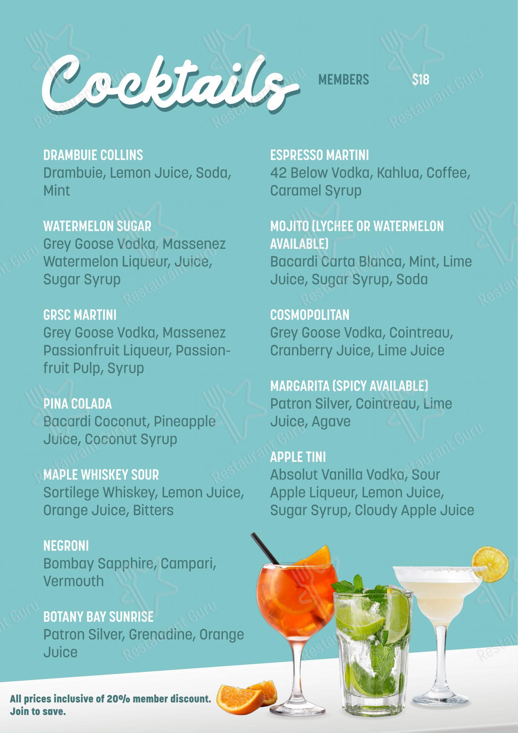 Menu at Georges River Sailing Club, Sandringham