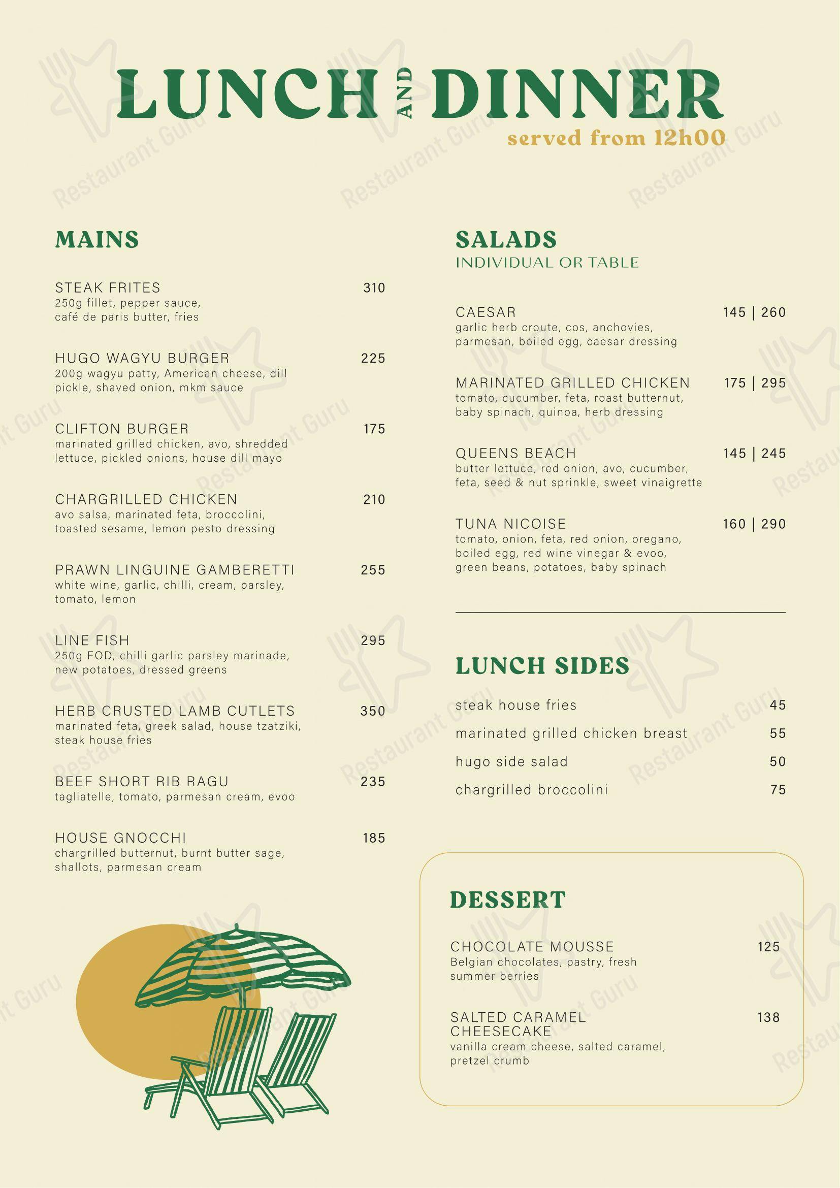 Menu at Hugo Social Club, Cape Town