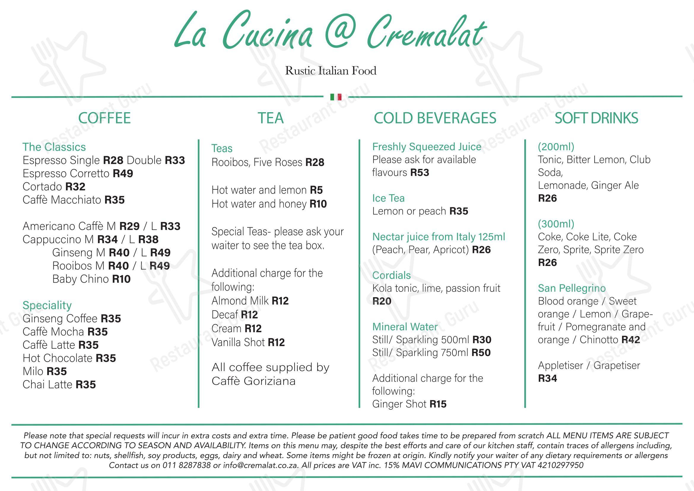 Menu at La Cucina @ Cremalat cafe, Germiston
