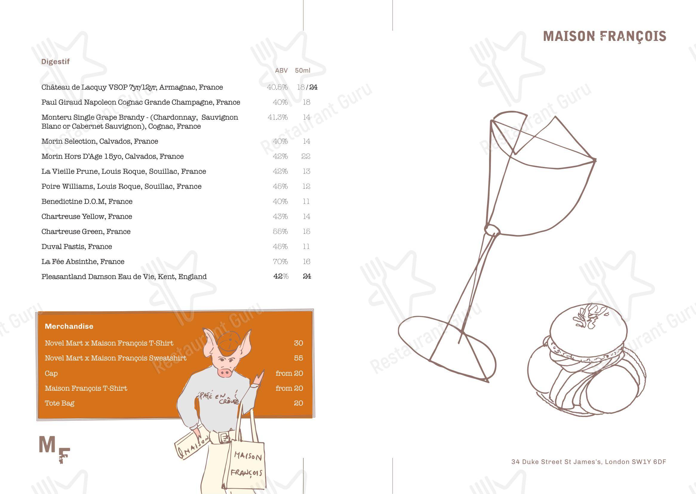Menu at Maison François restaurant, London