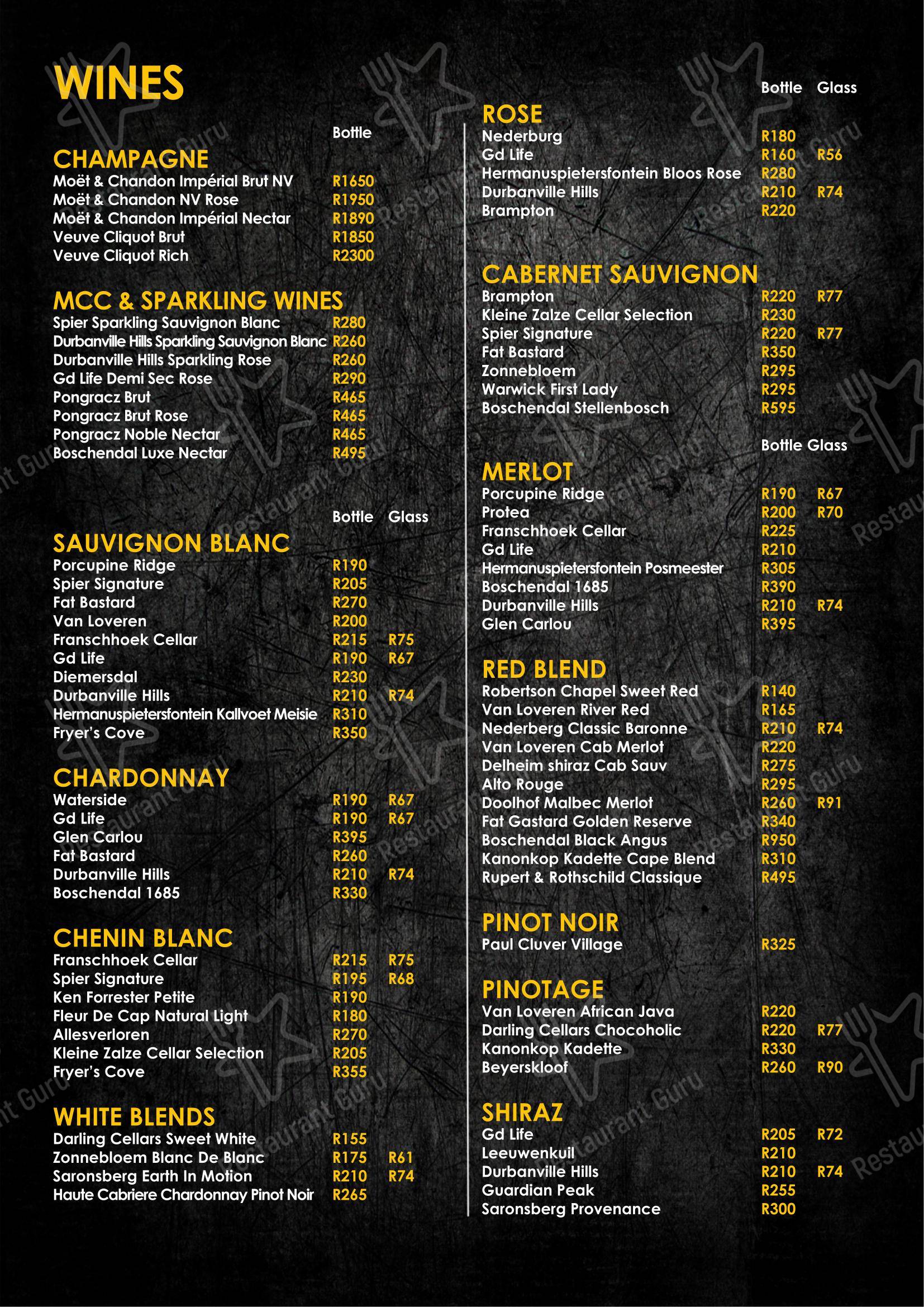 Menu at Malt Barrel and Fire, Pretoria