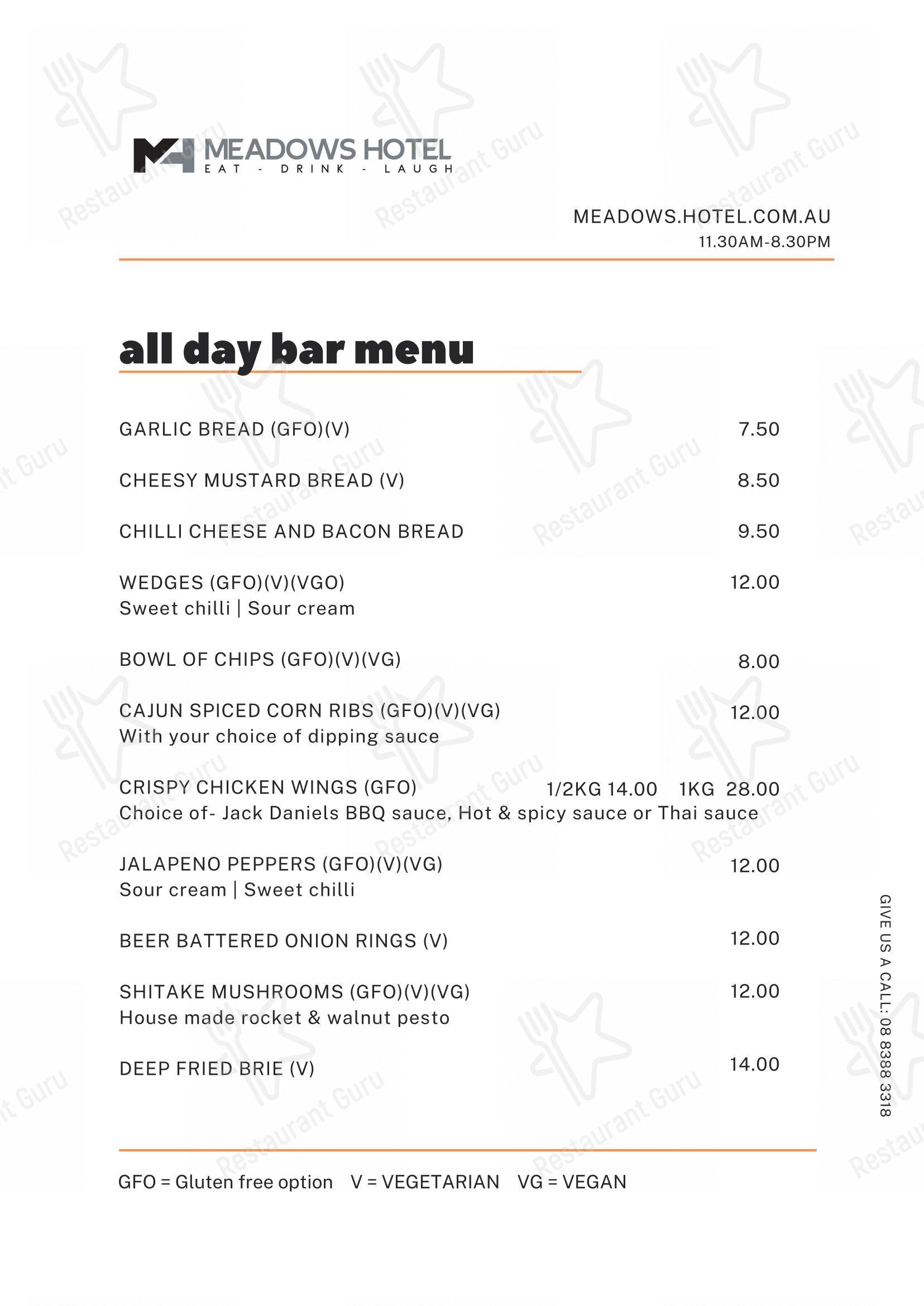 Menu at Meadows Hotel pub & bar, Meadows