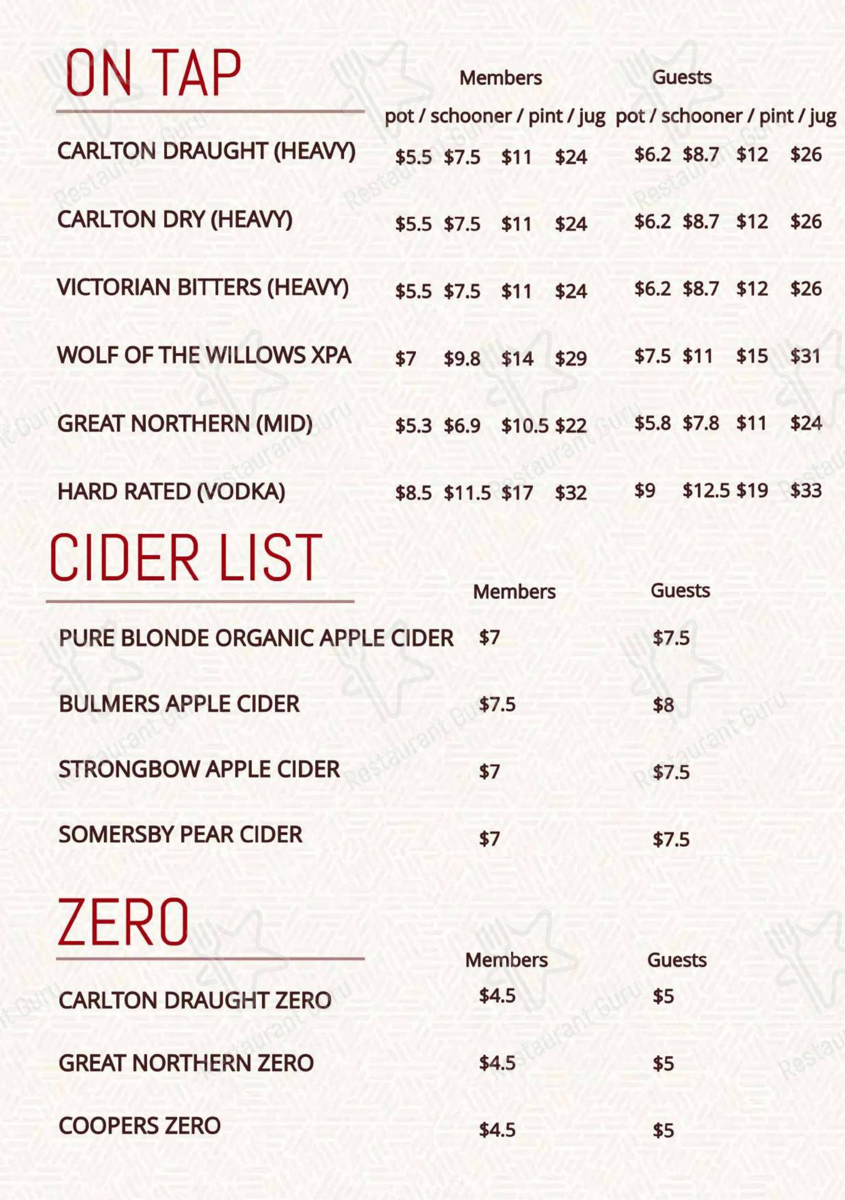 Menu at Montmorency RSL restaurant, Montmorency