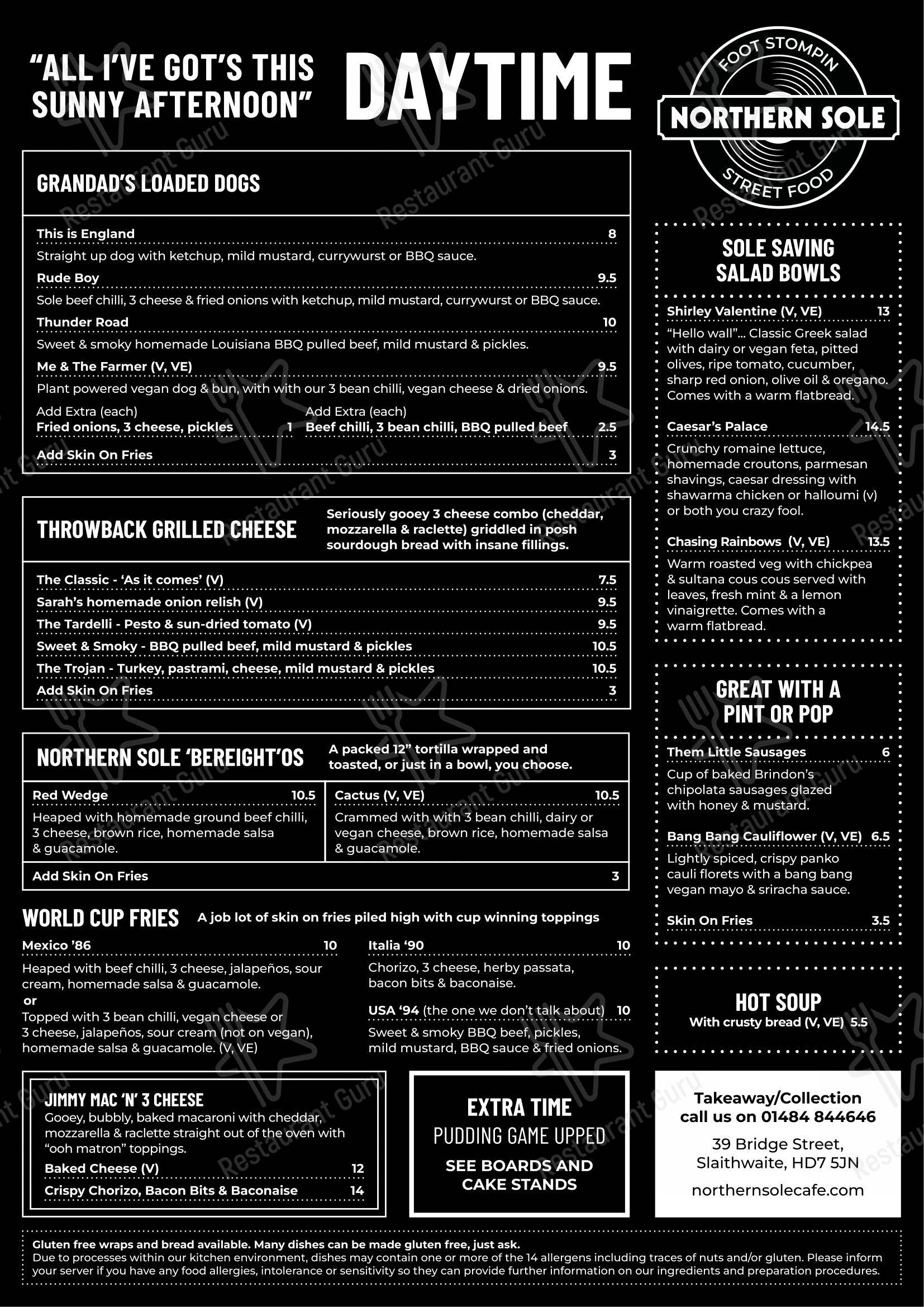 Menu at Northern Sole Café pub & bar, Huddersfield, 39 Bridge St